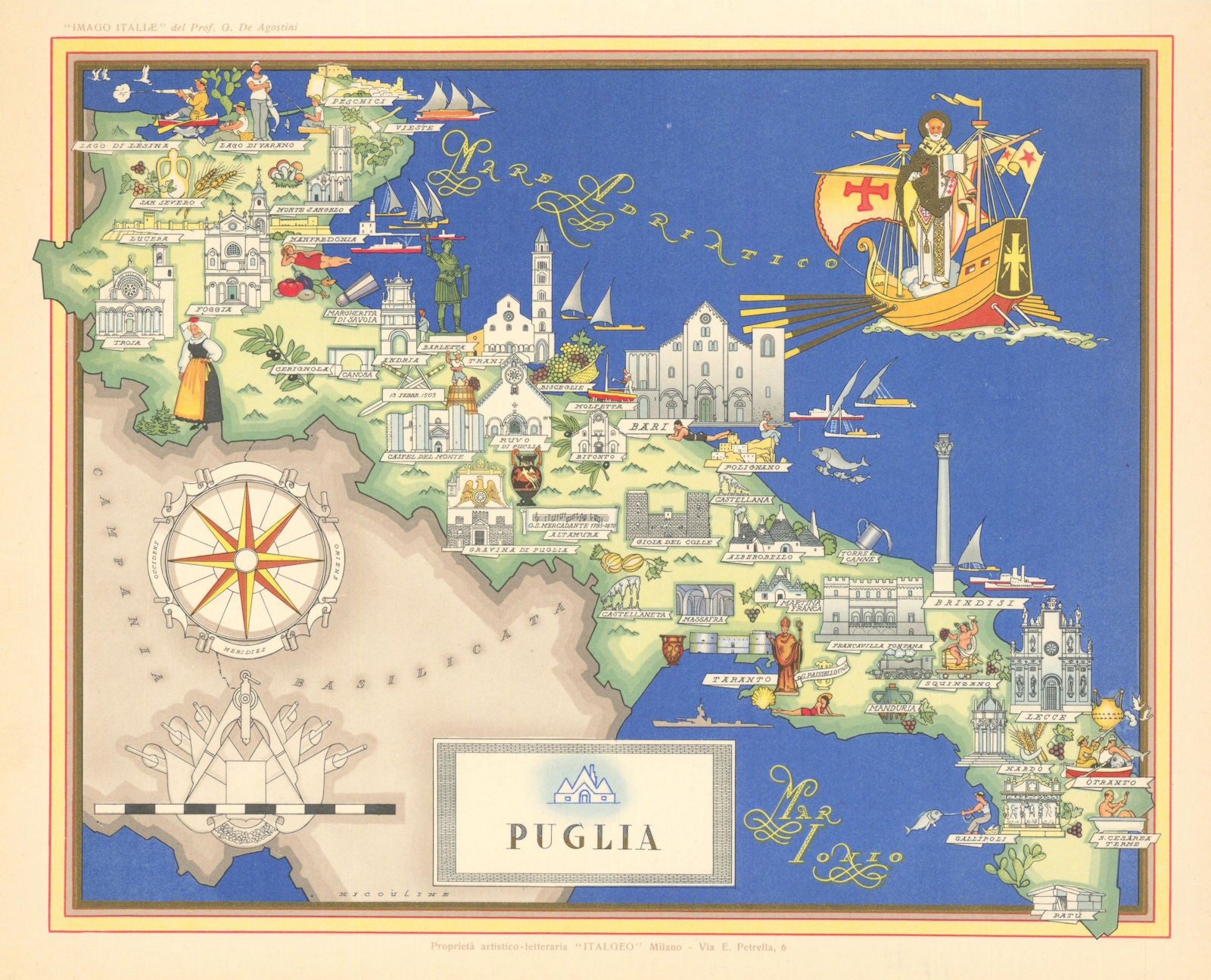 Puglia / Apulia pictorial map by Vsevolode Nicouline. Italgeo/Agostini ...