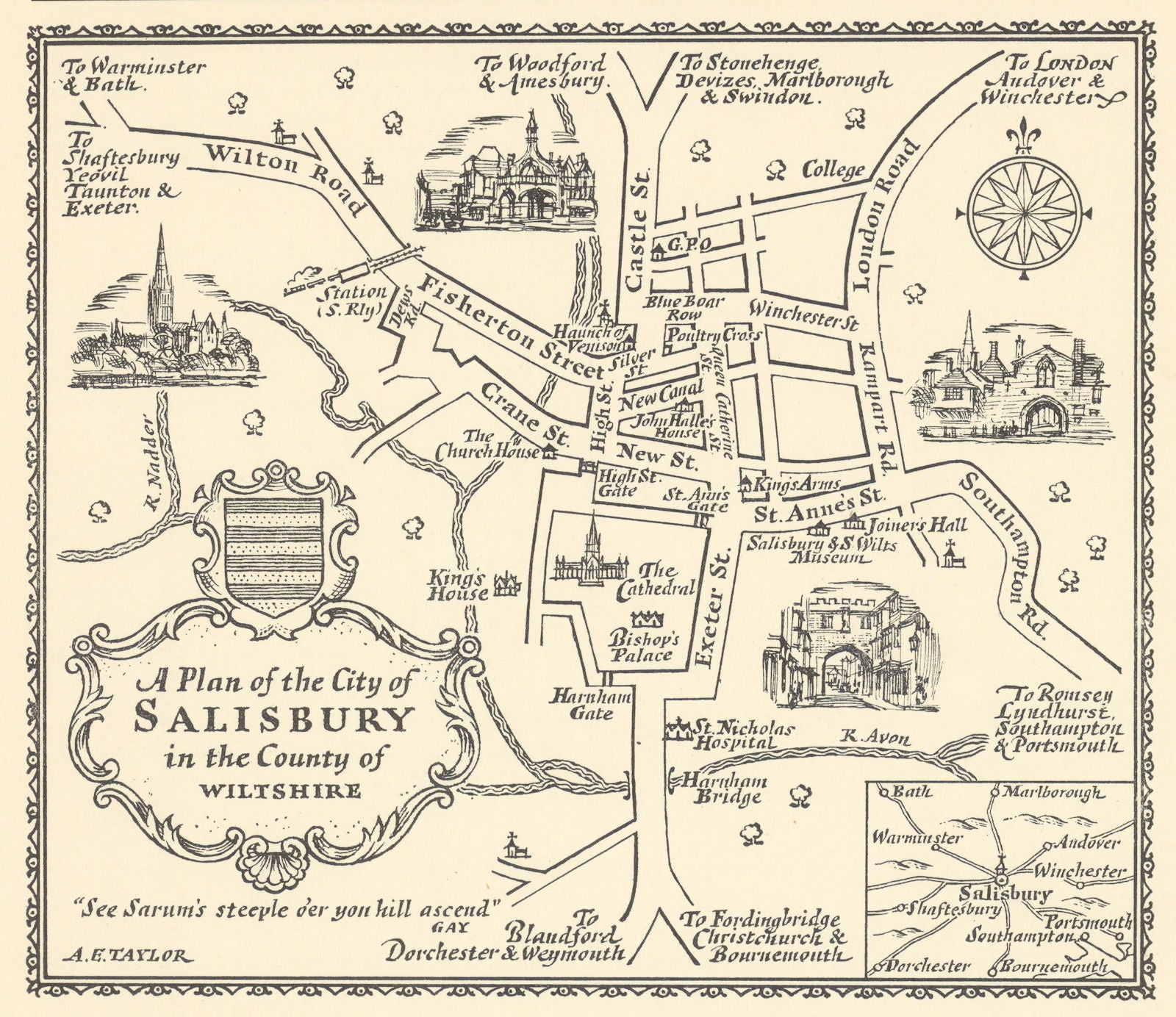 A plan of the City of Salisbury in Wiltshire by A.E. Taylor c1934 old ...