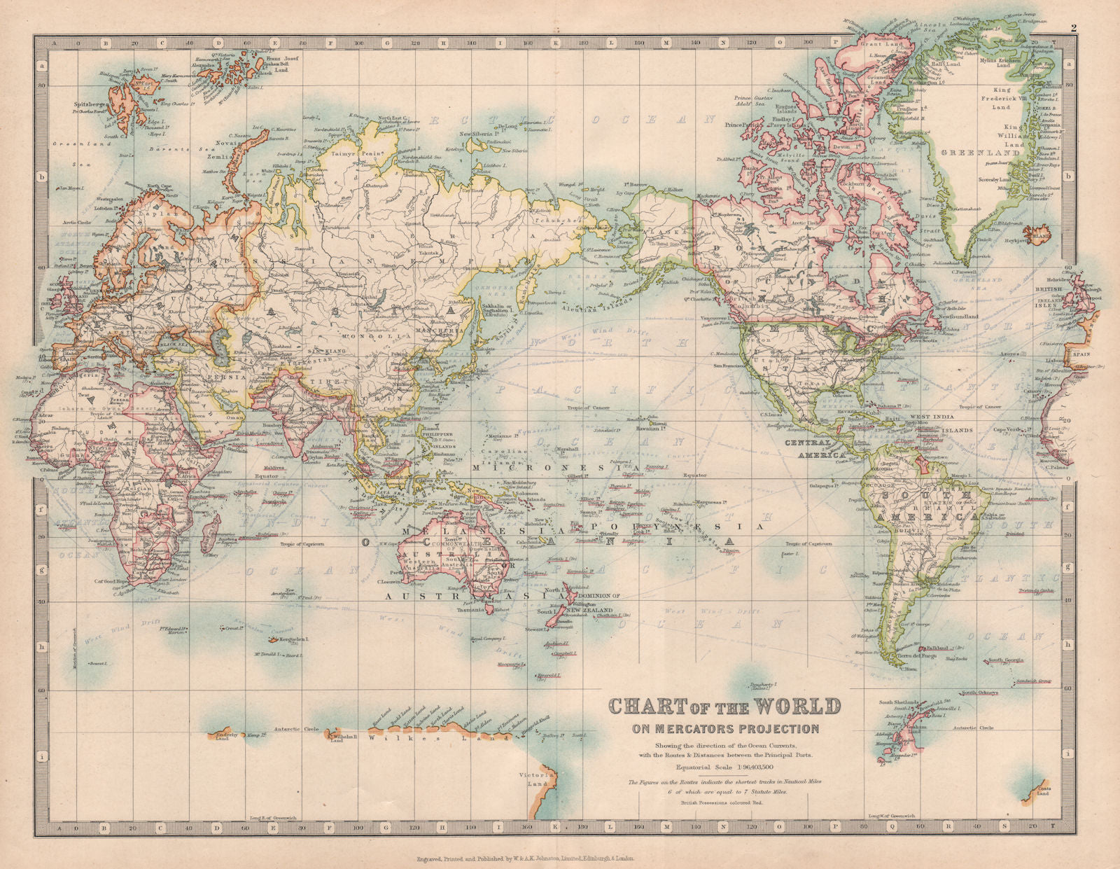 WORLD ON MERCATOR'S PROJECTION unusually Pacific-centred. JOHNSTON 1912 ...