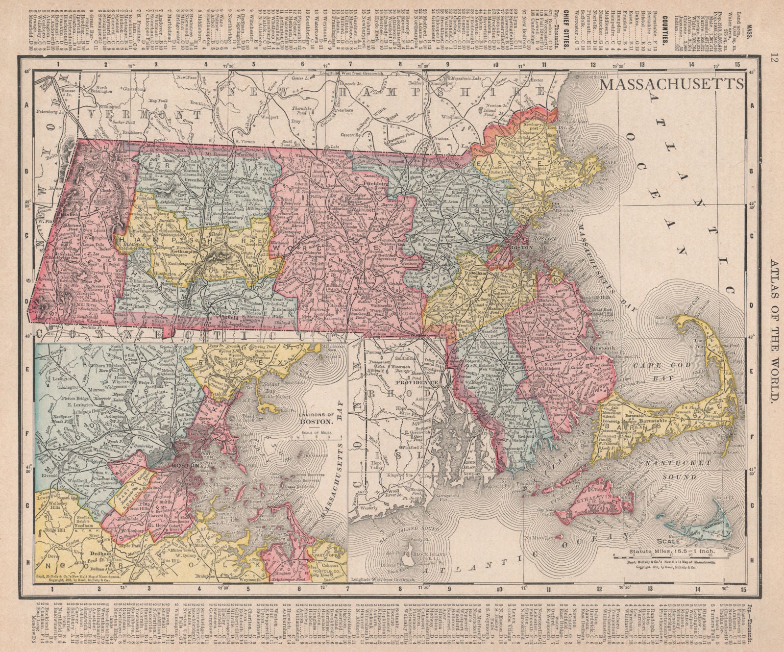 Massachusetts state map showing counties. Boston environs. RAND MCNALLY ...