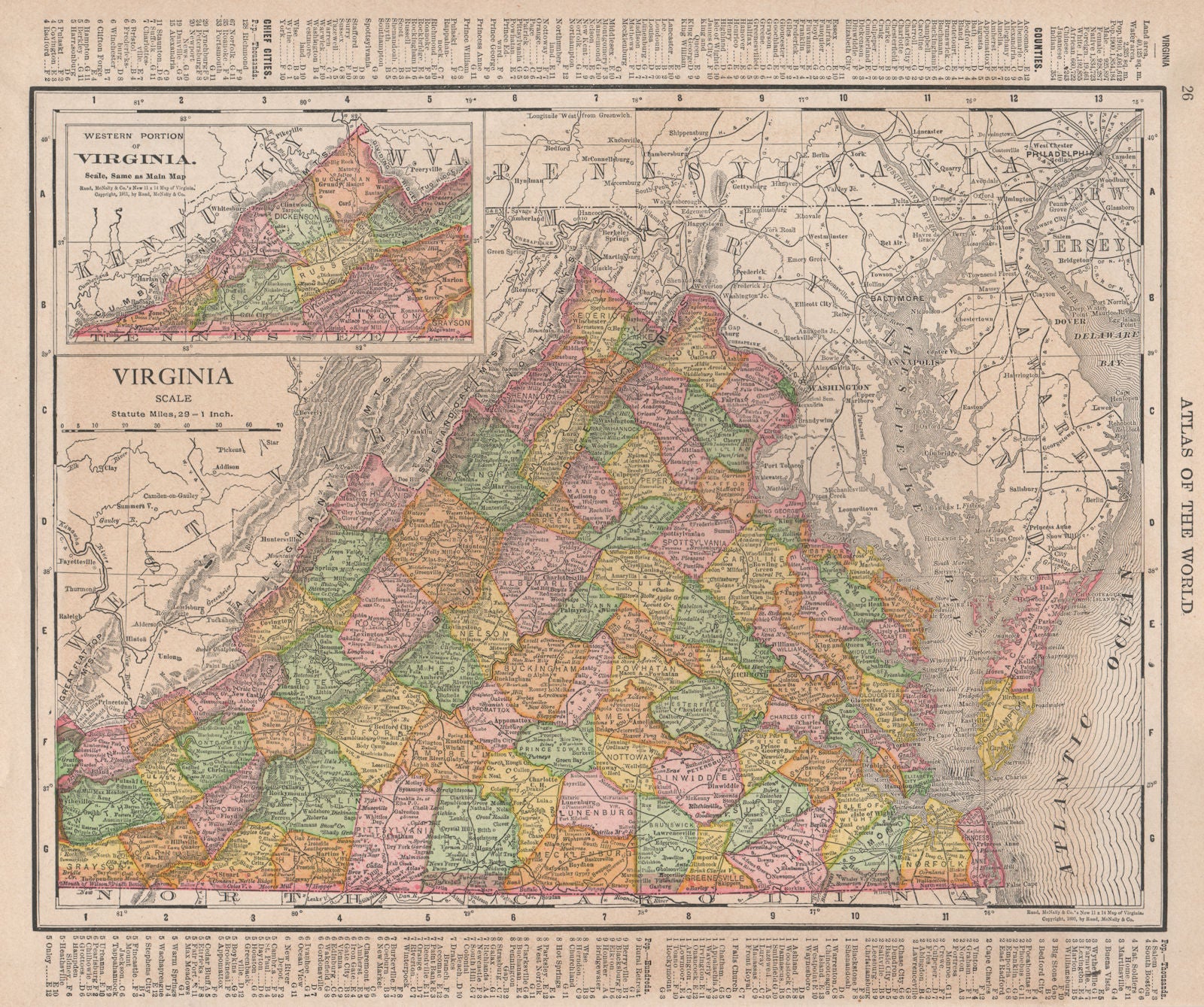Virginia state map showing counties. RAND MCNALLY 1912 old antique ...