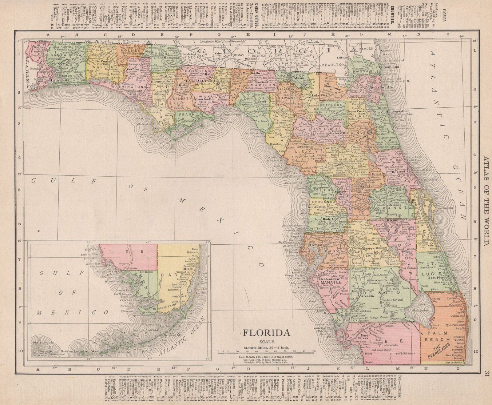 Florida state map showing counties. RAND MCNALLY 1912 old antique chart ...