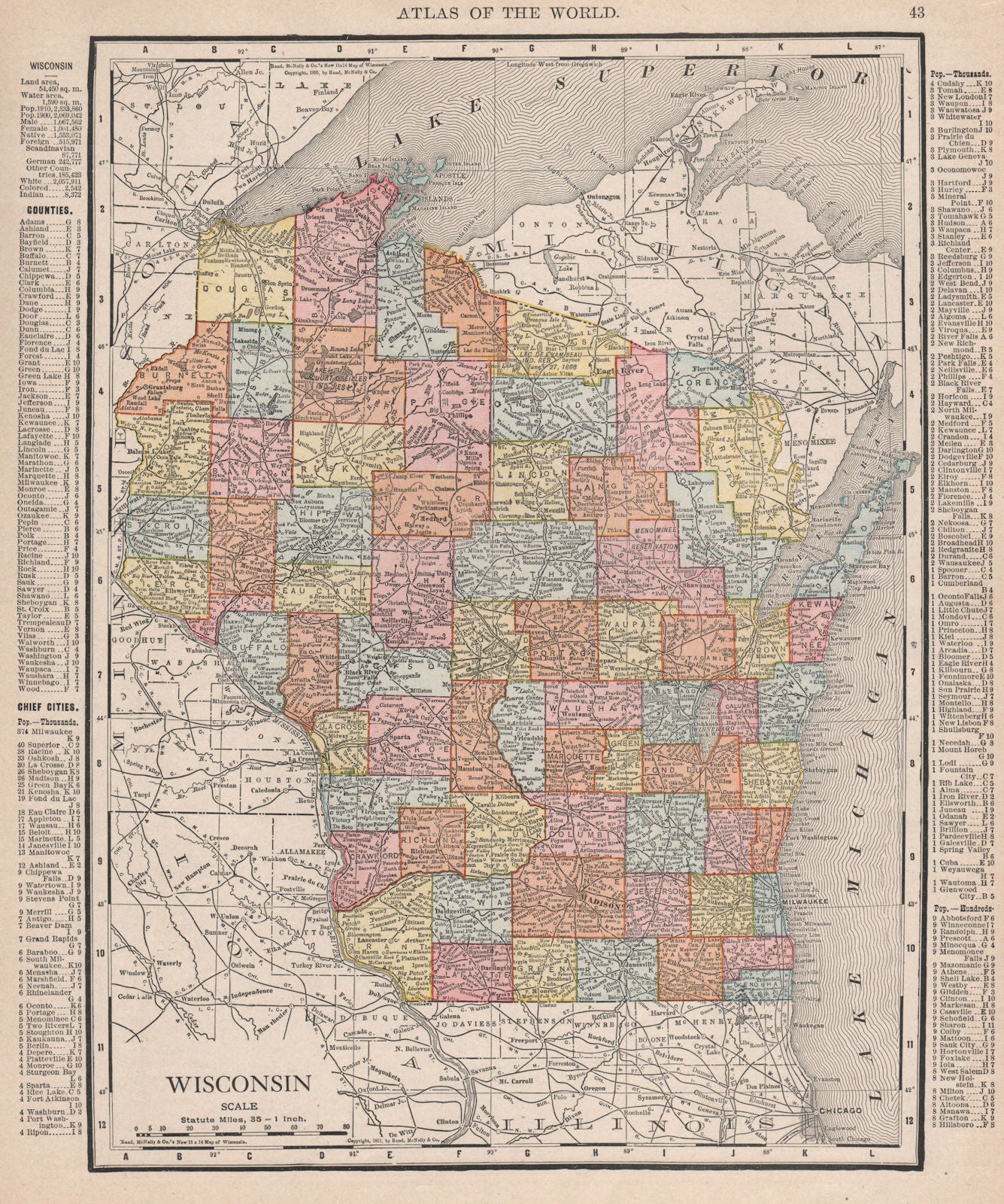 Wisconsin state map showing counties. RAND MCNALLY 1912 old antique ...