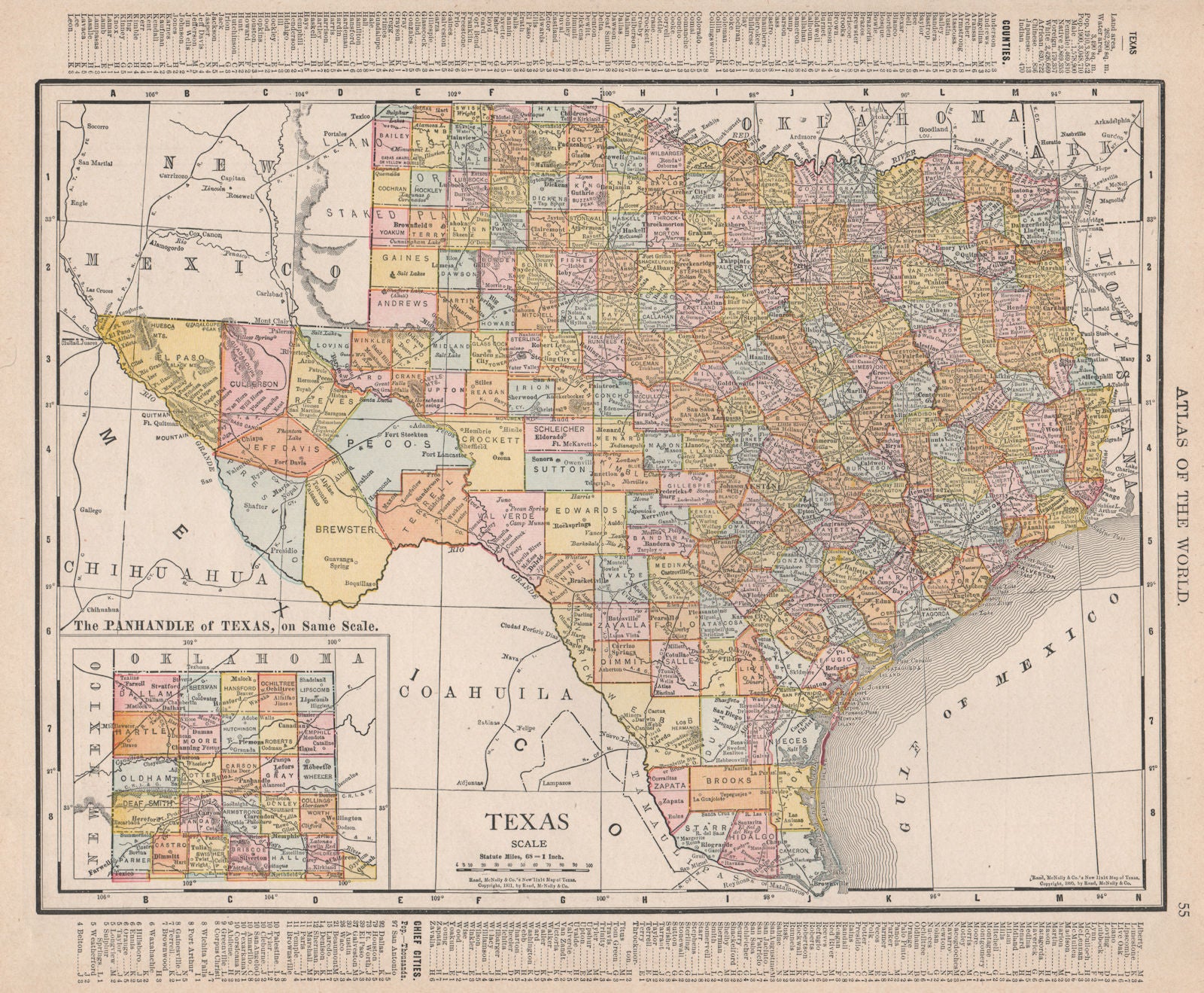 Texas state map showing counties. RAND MCNALLY 1912 old antique plan ...