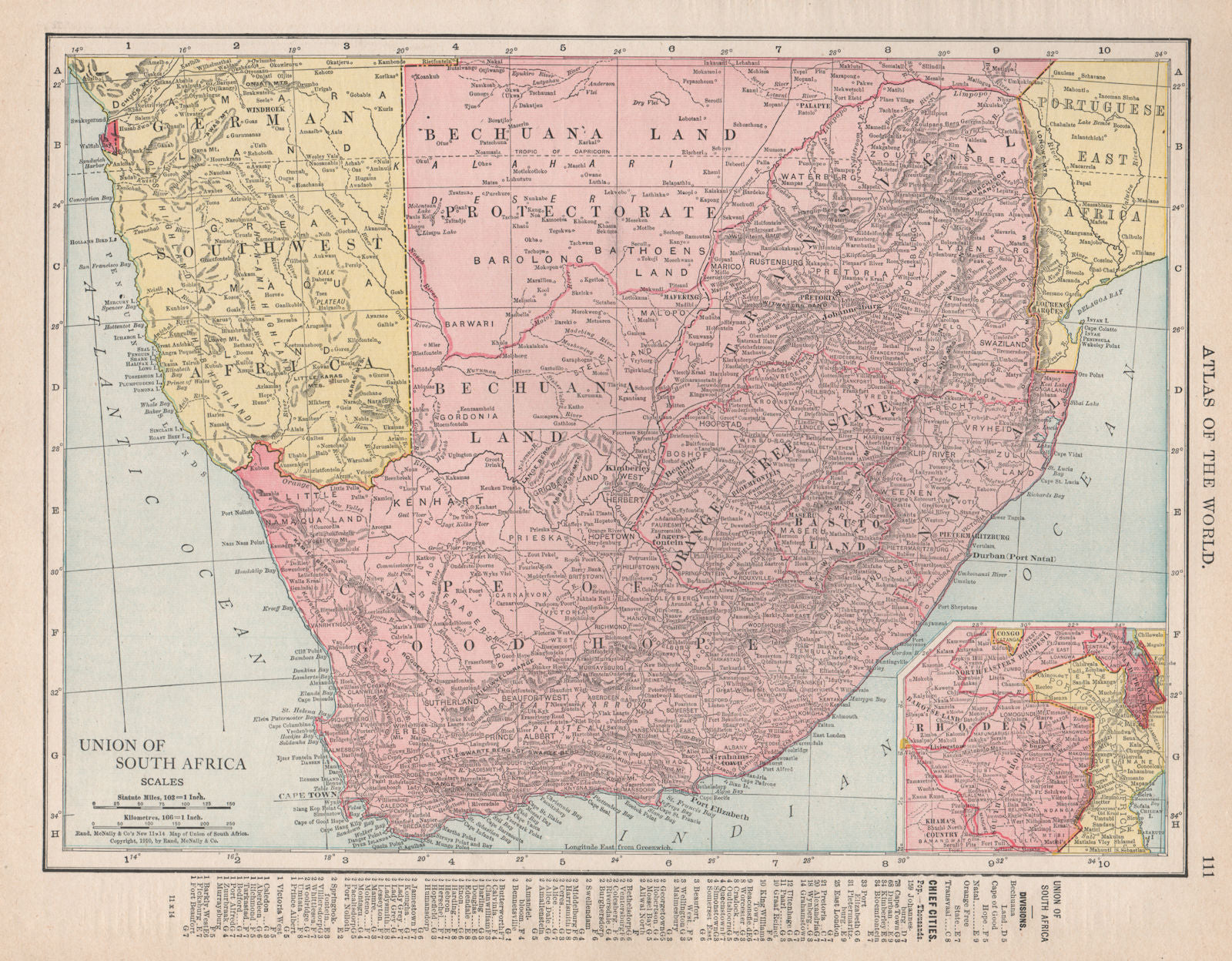 UNION OF SOUTH AFRICA. Rhodesia. Walvis Bay exclave. RAND MCNALLY 1912 ...