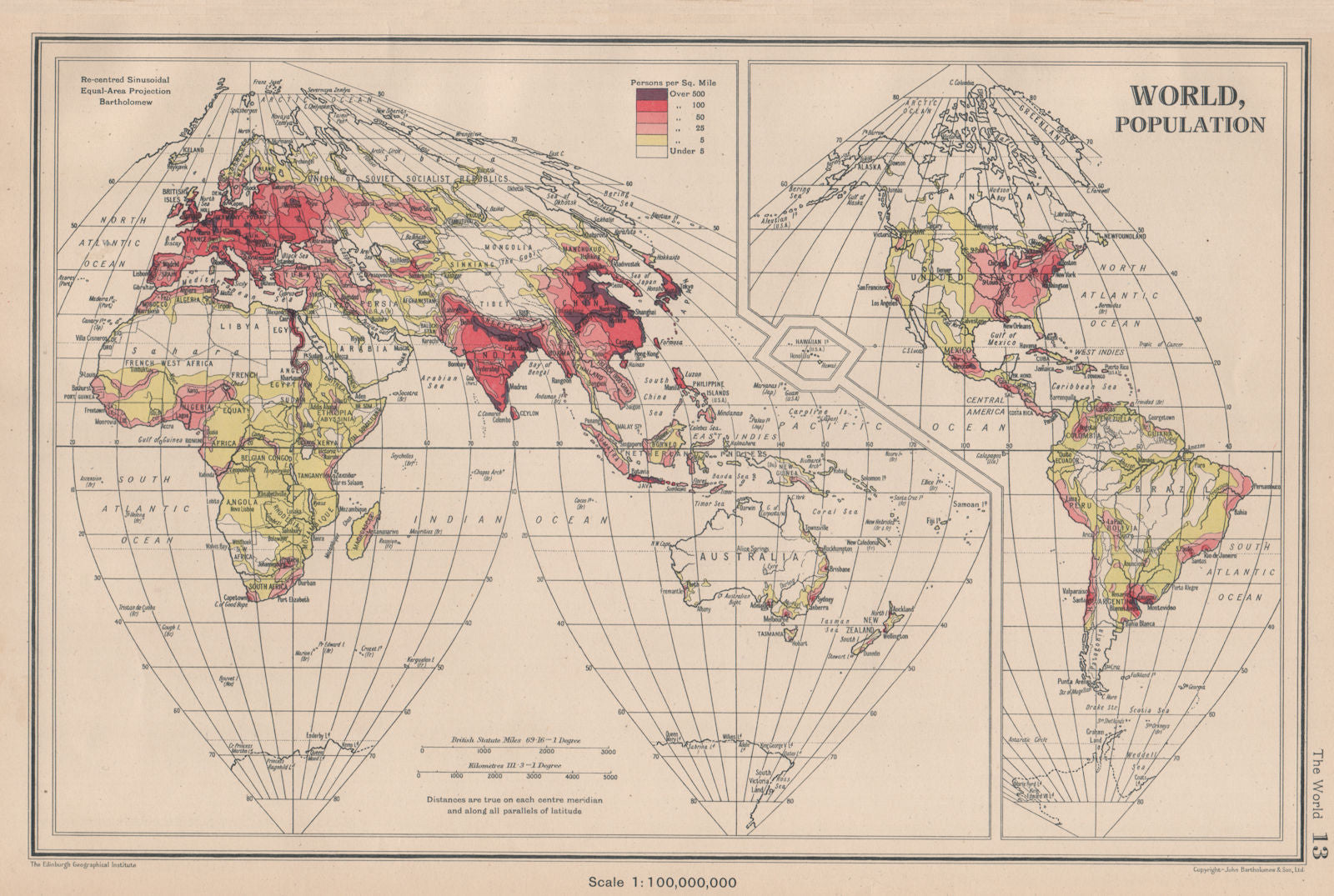 WORLD POPULATION. Sinusoidal equal area projection. BARTHOLOMEW 1944 ...