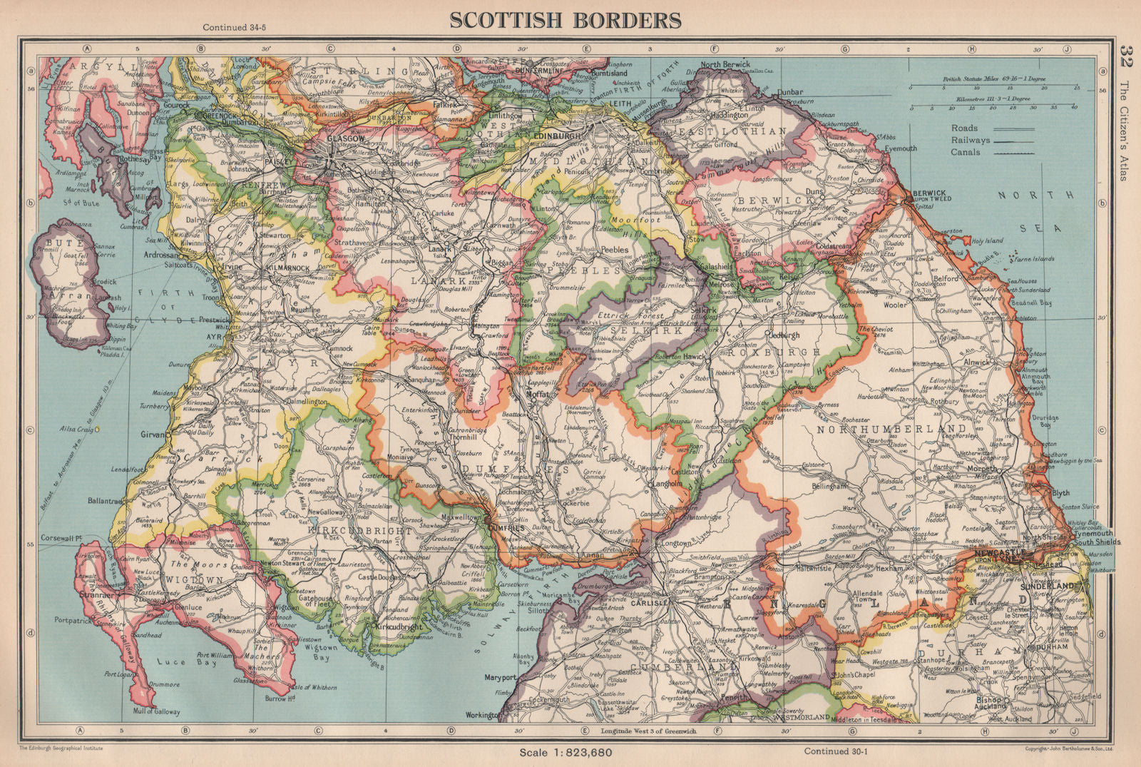 SCOTTISH BORDERS. Scotland south. BARTHOLOMEW 1944 old vintage map plan ...