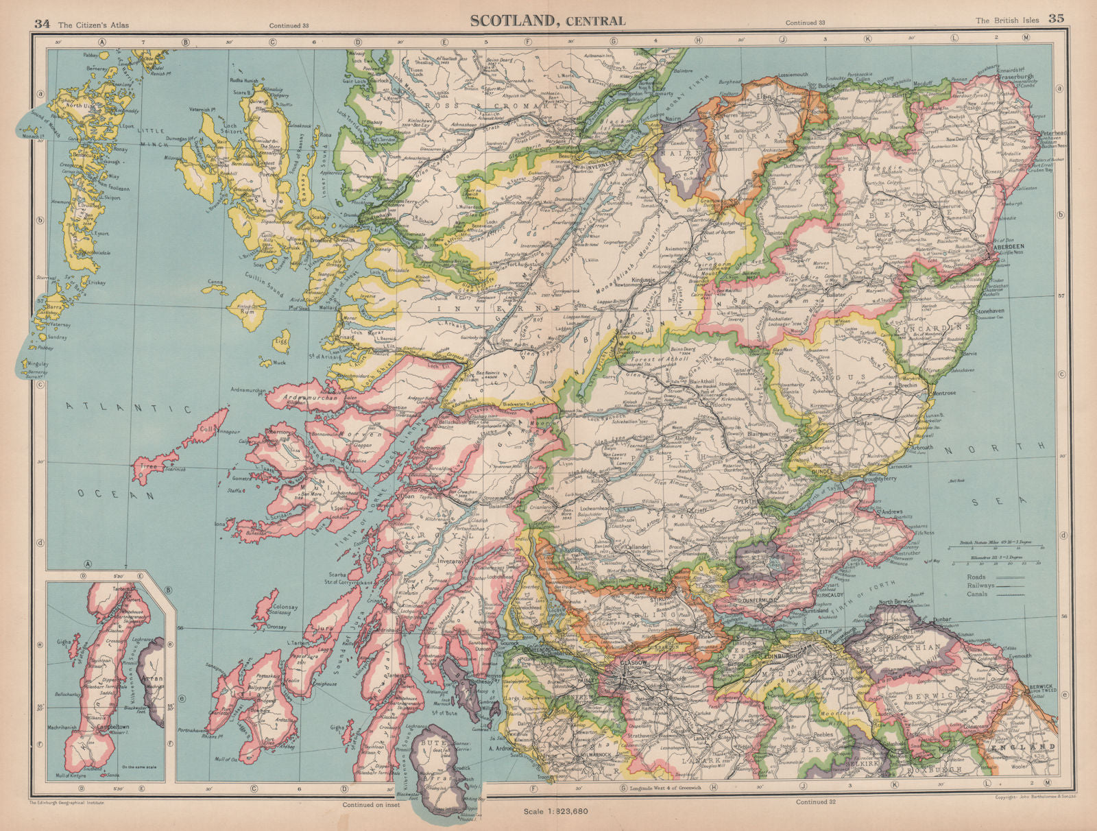 CENTRAL SCOTLAND. Showing counties. BARTHOLOMEW 1944 old vintage map ...