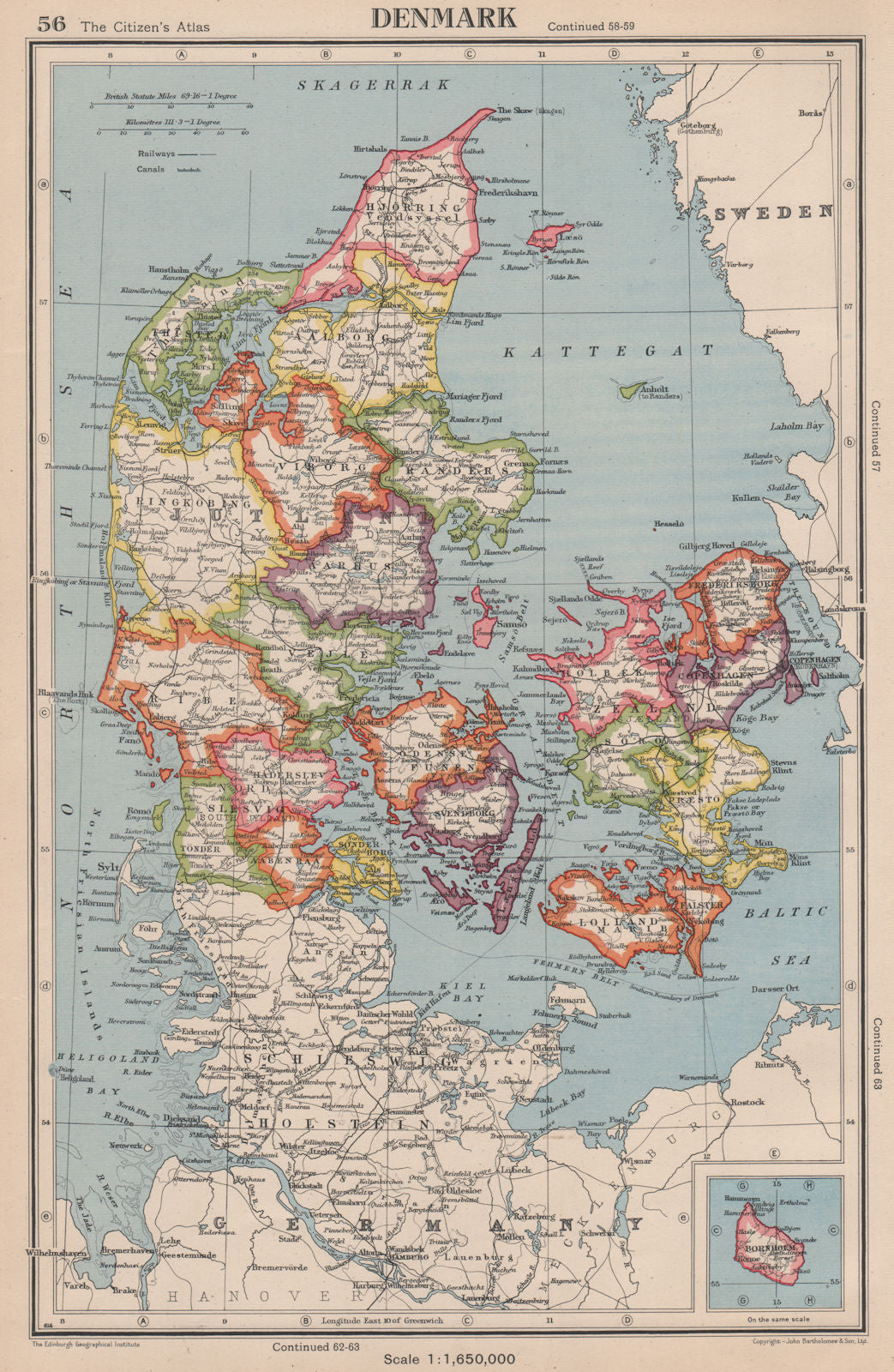 DENMARK. showing counties/amter. BARTHOLOMEW 1944 old vintage map plan ...