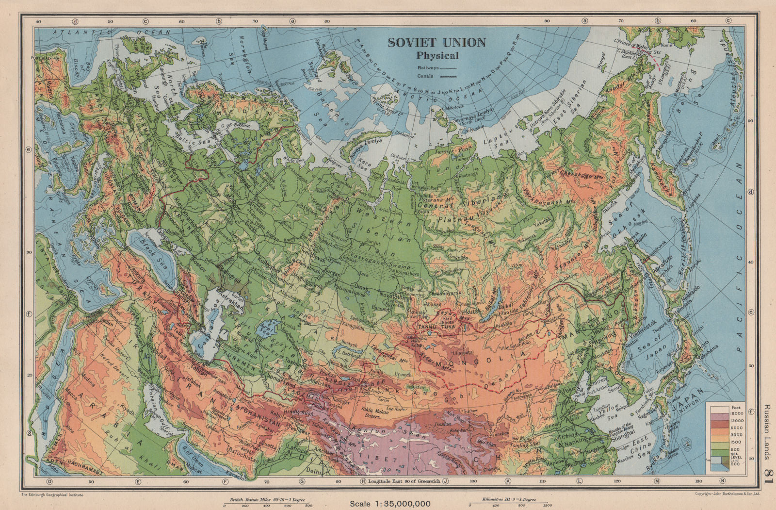 SOVIET UNION PHYSICAL. USSR. Railways. BARTHOLOMEW 1944 old vintage map ...