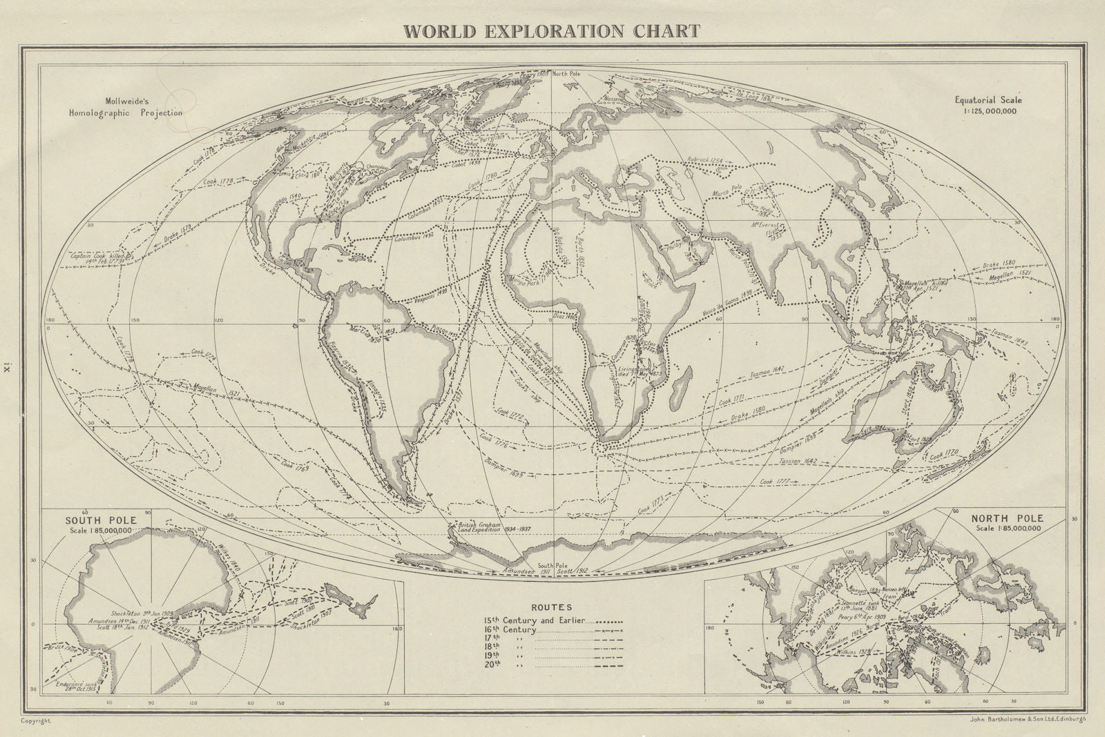 WORLD EXPLORATION. Explorers routes dates centuries. BARTHOLOMEW 1947 ...