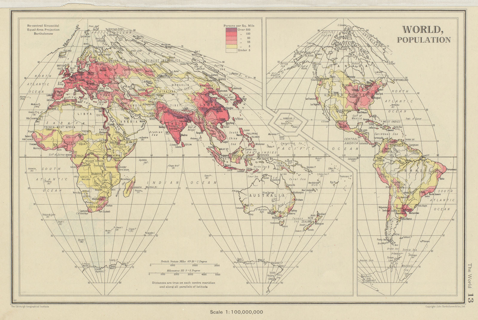 WORLD POPULATION. Sinusoidal equal area projection. BARTHOLOMEW 1947 ...