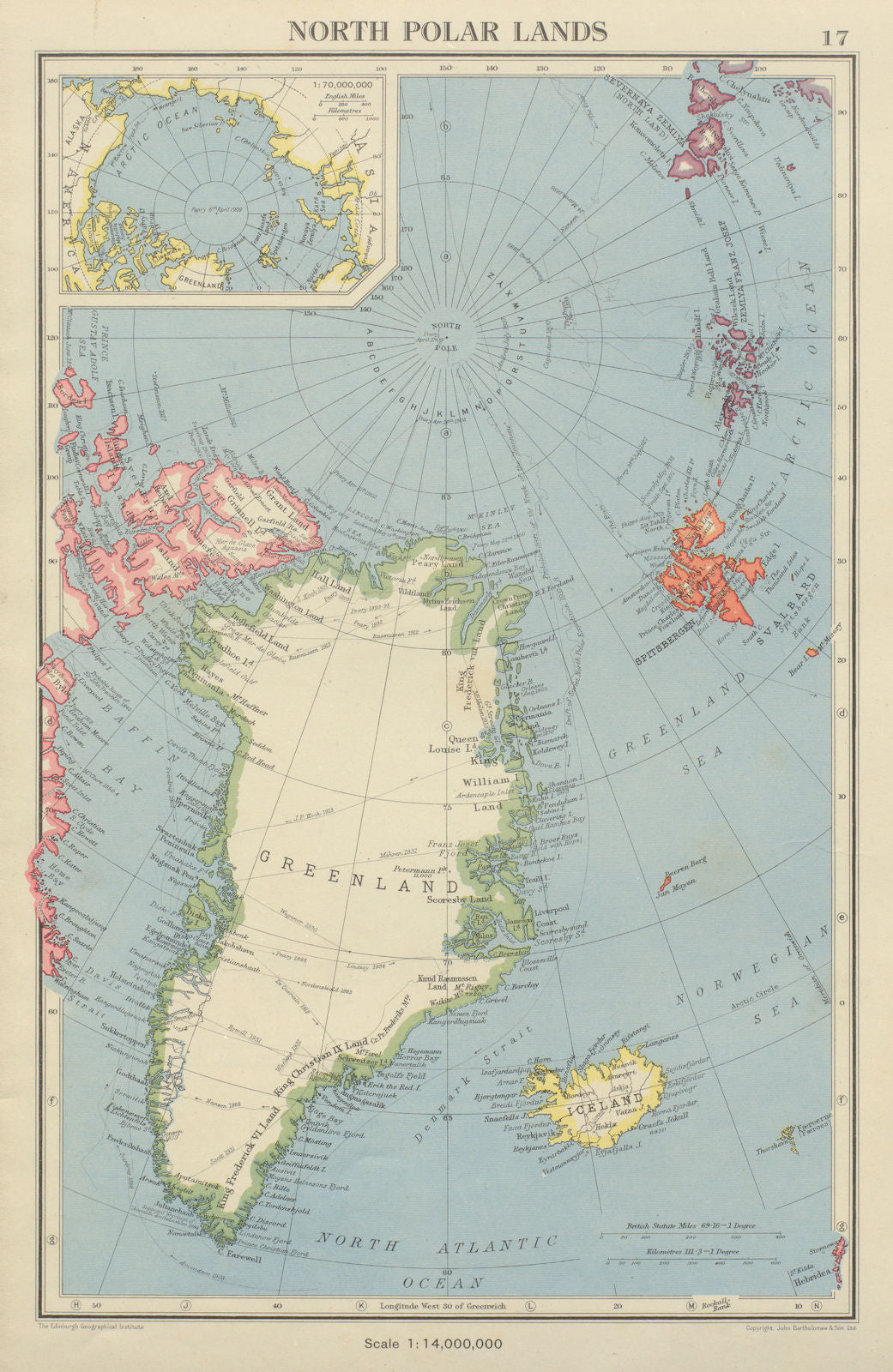 ARCTIC. North Polar Lands. Greenland Iceland. Explorers routes 1947 old ...