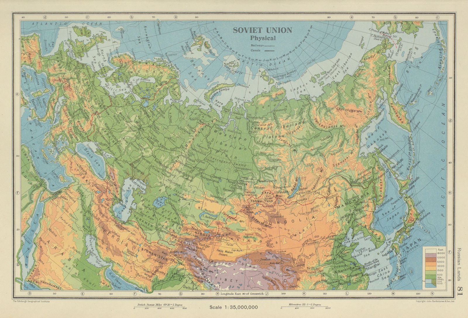 SOVIET UNION PHYSICAL. USSR. Railways. BARTHOLOMEW 1947 old vintage map ...