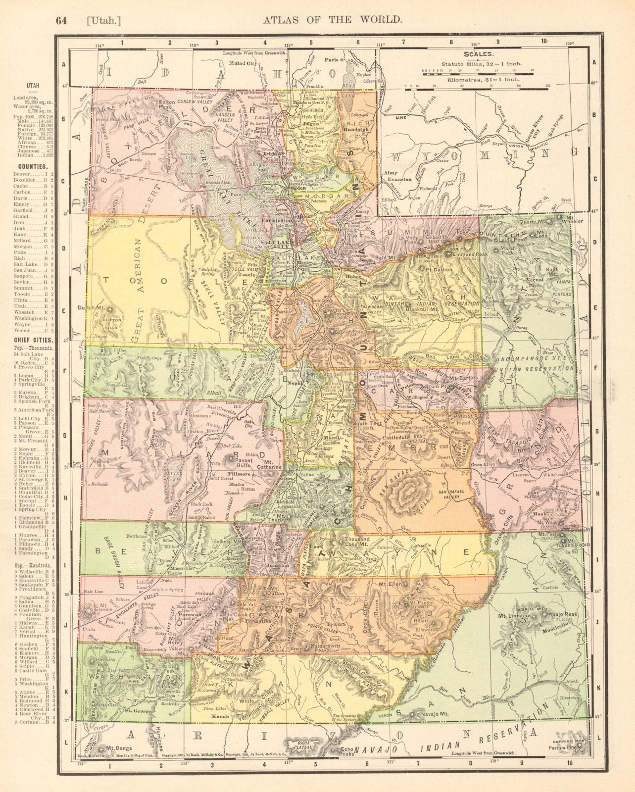 Utah state map showing counties. RAND MCNALLY 1906 old antique plan ...