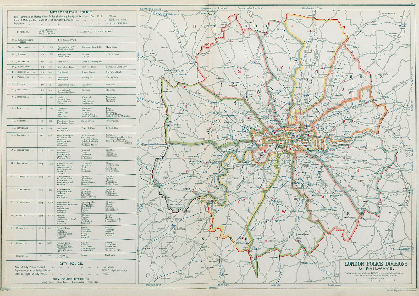 LONDON POLICE DIVISIONS & RAILWAYS showing Police stations. BACON 1920 ...