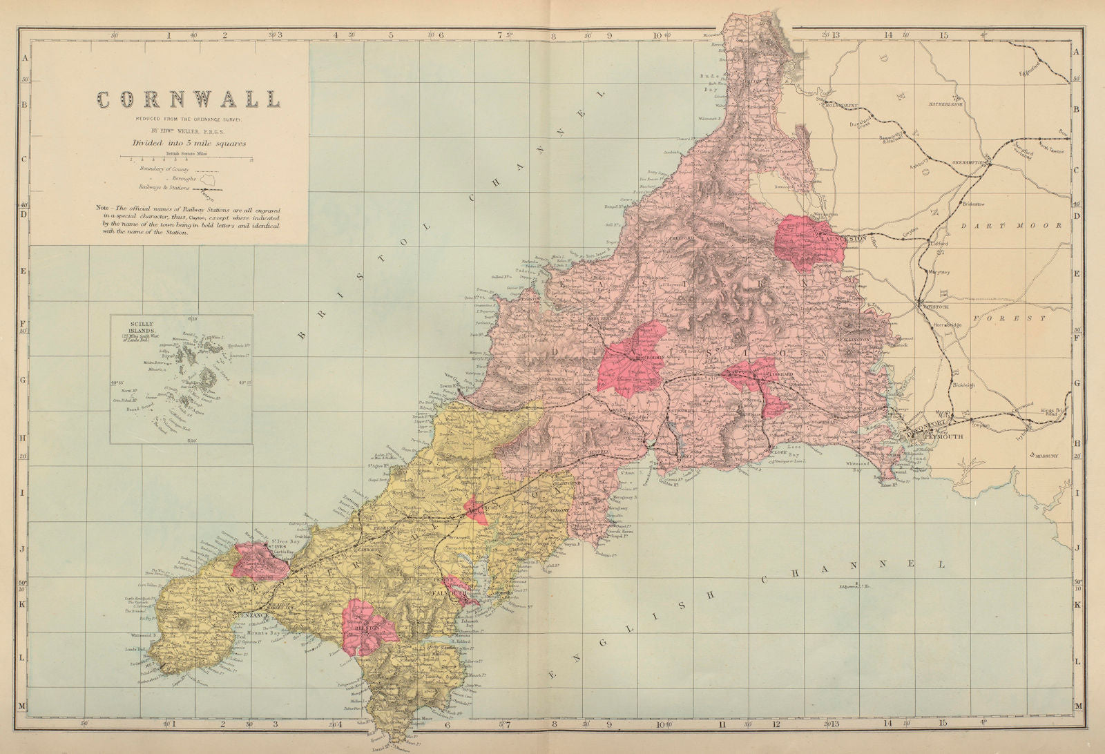 CORNWALL antique county map by GW BACON 1883 old plan chart ...