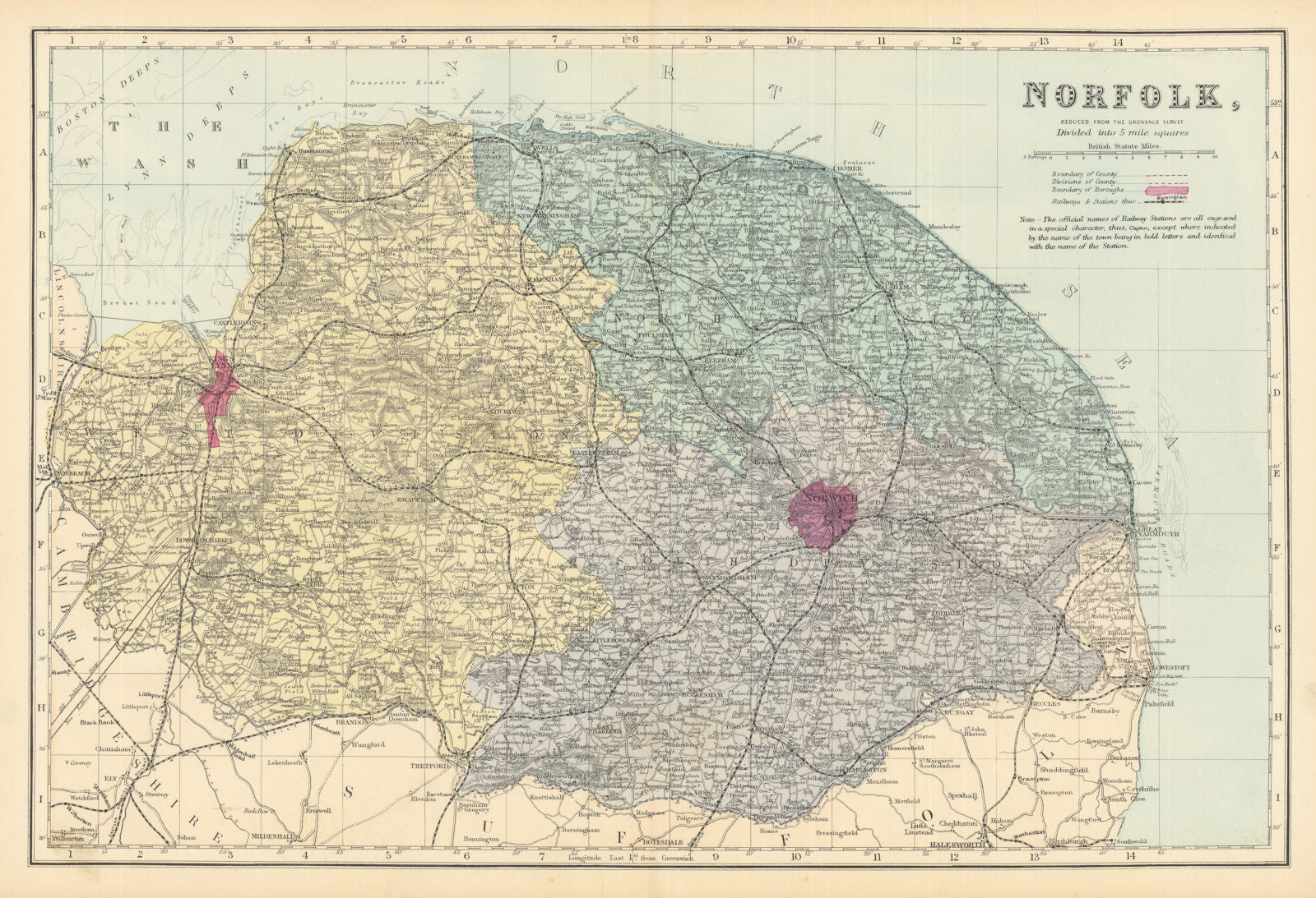 NORFOLK antique county map by GW BACON 1883 old vintage plan chart ...
