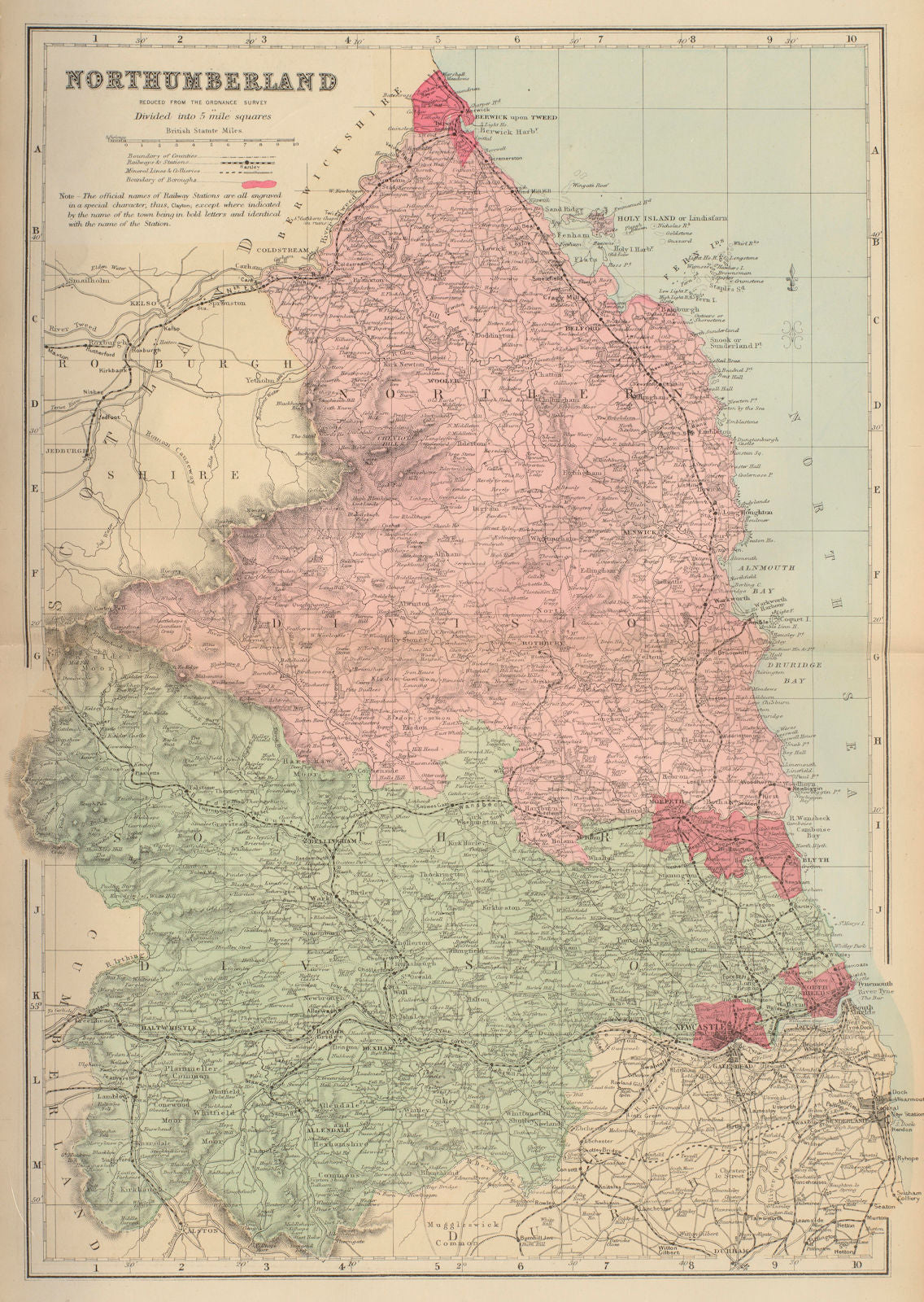 NORTHUMBERLAND antique county map by GW BACON 1883 old plan chart ...