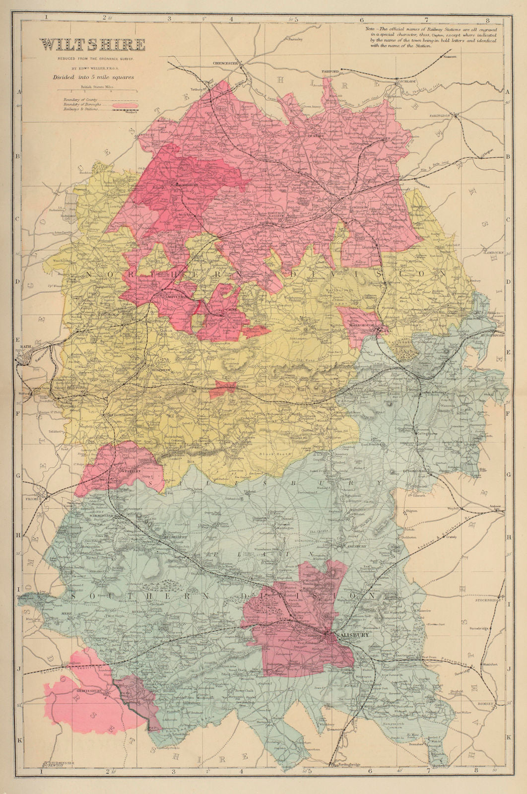 WILTSHIRE antique county map by GW BACON 1883 old plan chart ...