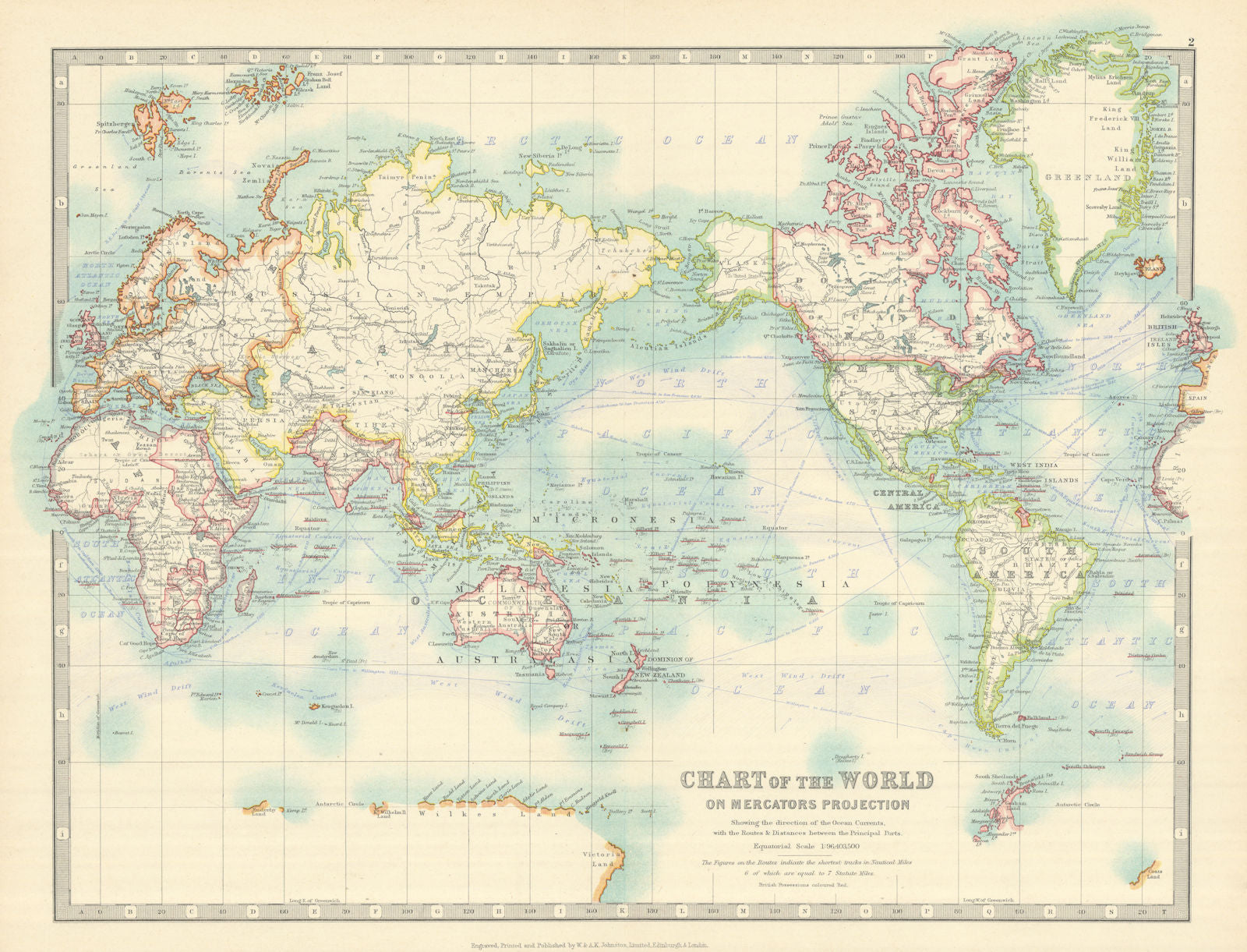 WORLD ON MERCATOR'S PROJECTION unusually Pacific-centred. JOHNSTON 1913 ...