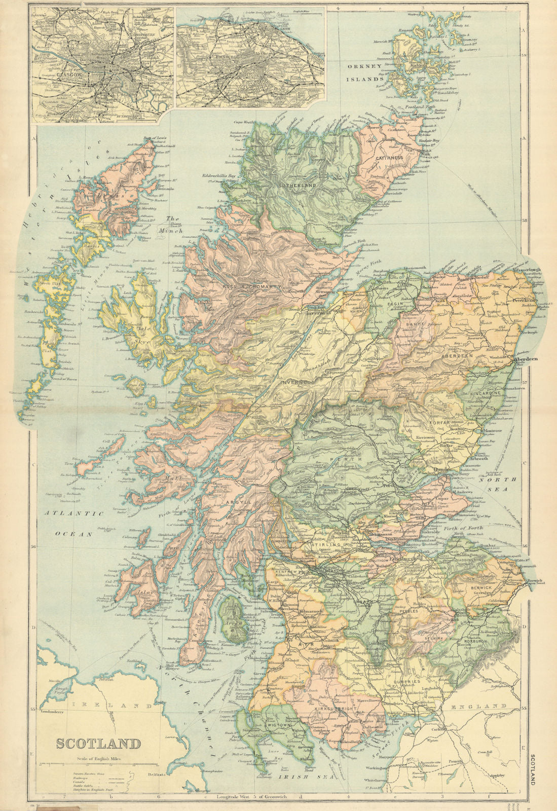 SCOTLAND in counties. Inset Edinburgh. Antique map by GW BACON 1898 old ...