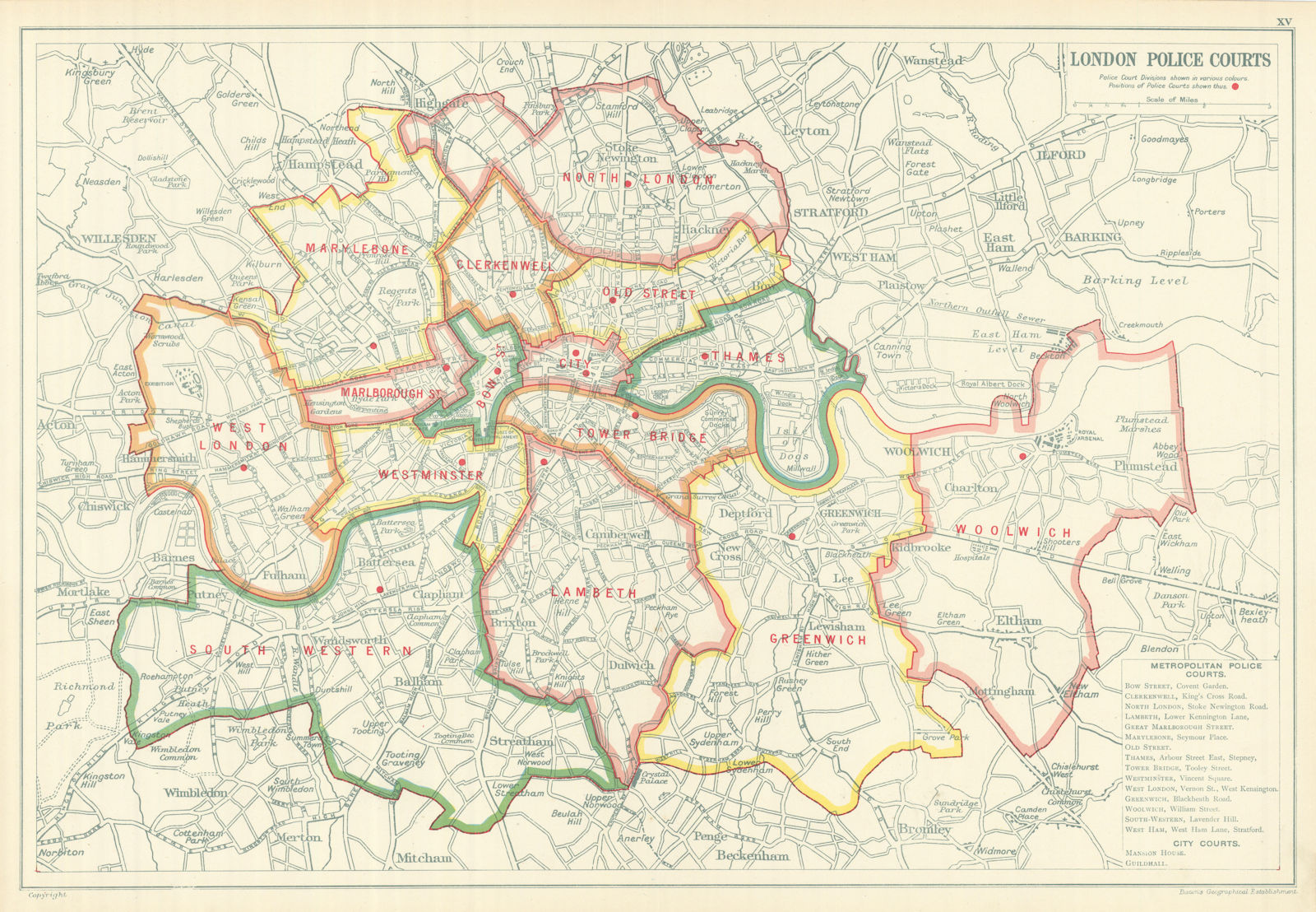 LONDON POLICE COURTS. Showing divisions & court locations. BACON 1919 ...
