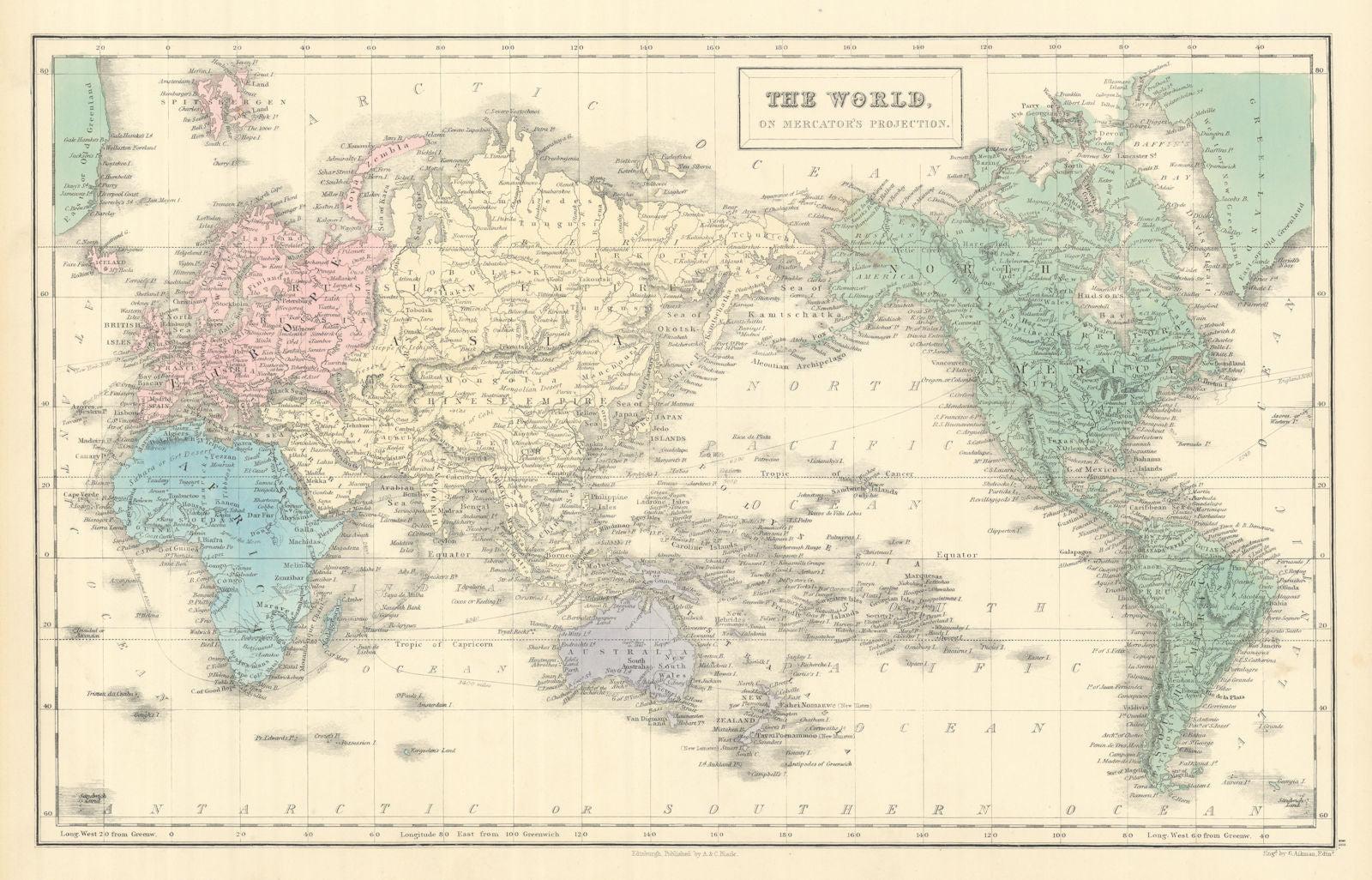 The World, on Mercator's projection by GEORGE AIKMAN. Asia-centric 1854 ...