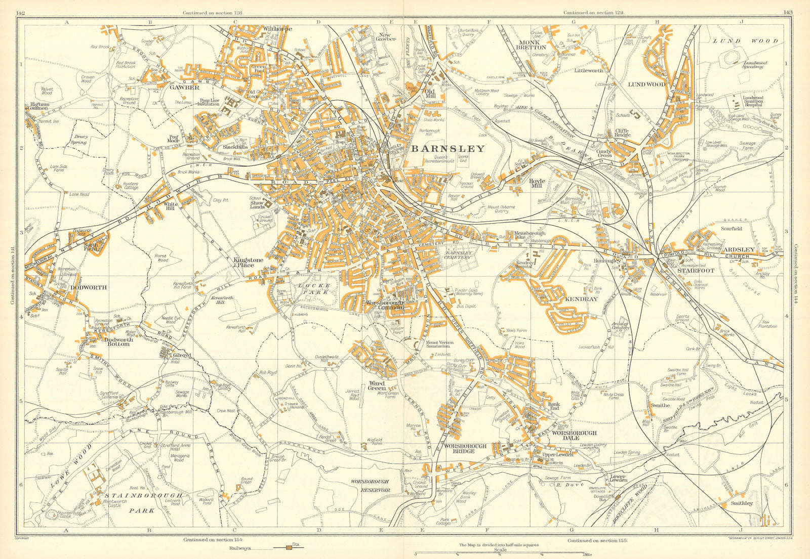 BARNSLEY vintage town city plan. Lundwood Stairfoot. GEOGRAPHIA 1935 ...