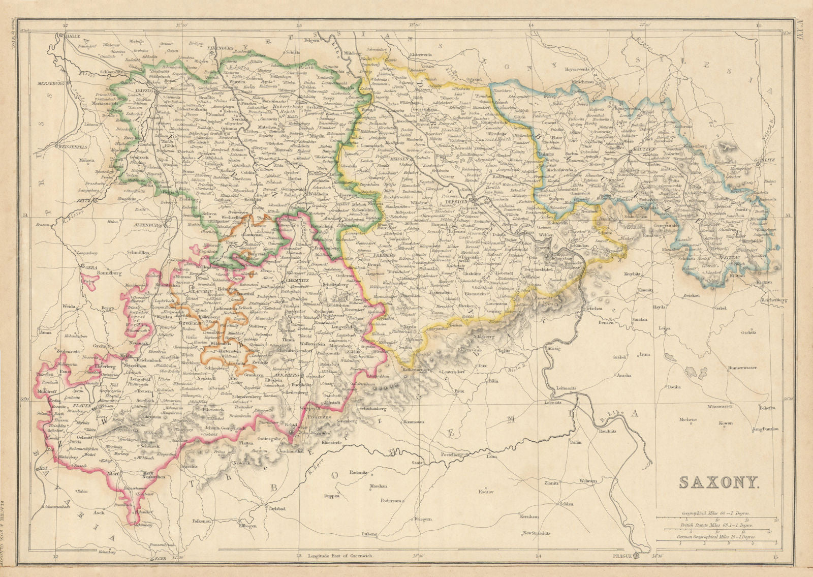 Saxony province. Sachsen Liepzig Dresden Bautzen Zwickau. WELLER 1860 ...