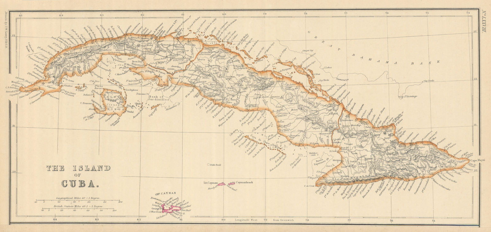 The Island of Cuba & the Cayman Islands. LOWRY 1860 old antique map ...