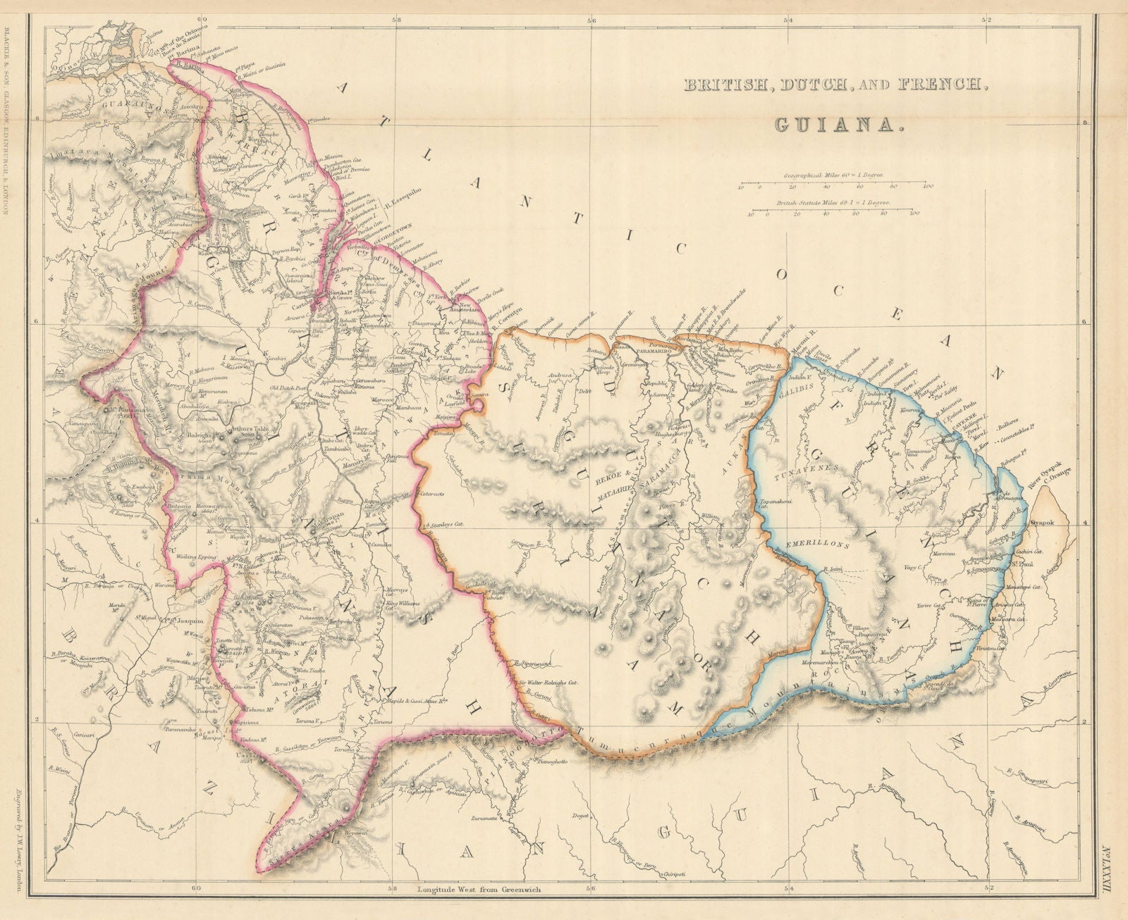 British, Dutch & French Guiana. Suriname Guyana. LOWRY 1860 old antique ...