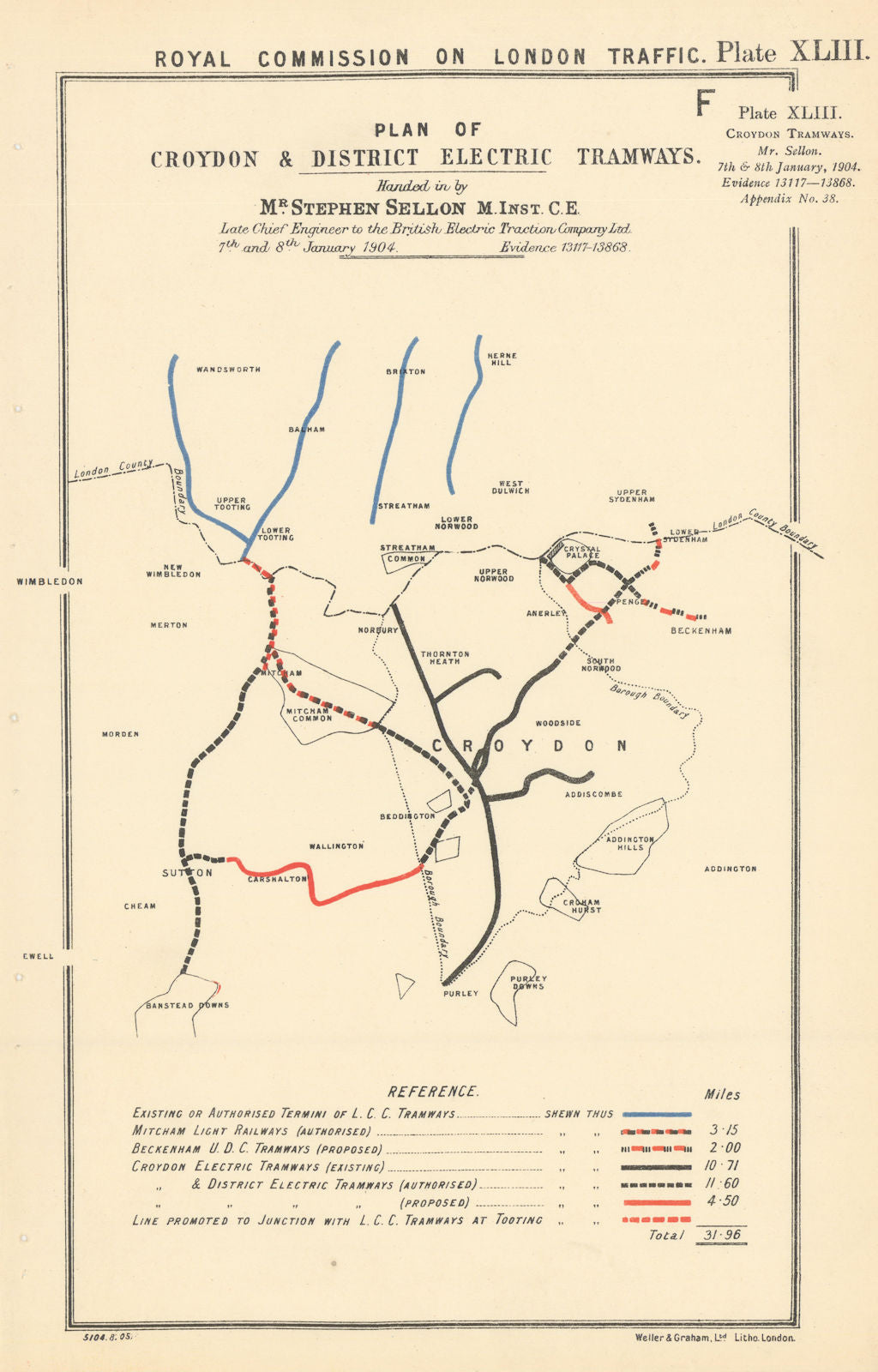 Plan of the Croydon and District Electric Tramways 1906 old antique map ...