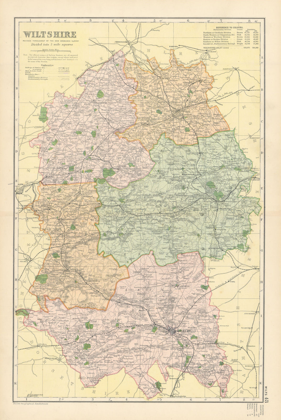 WILTSHIRE antique county map by GW BACON 1895 old plan chart ...