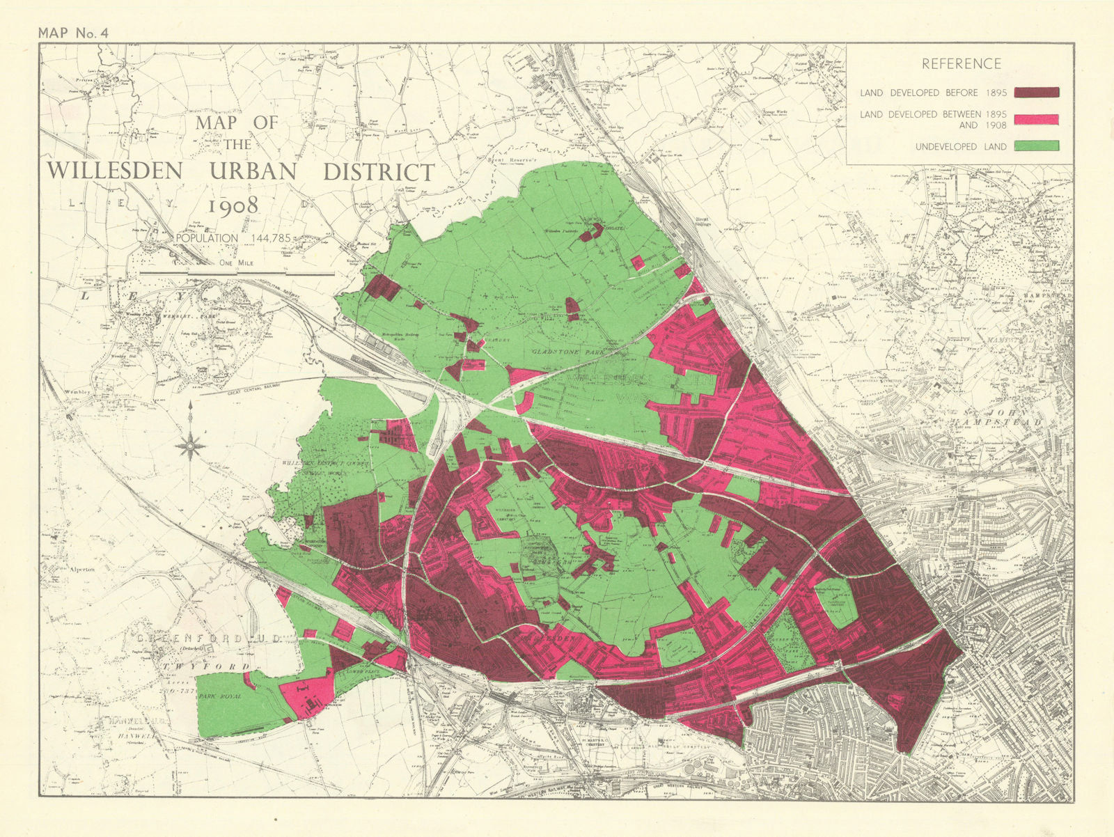 Map of the Willesden Urban District 1908. Kensal Kilburn Neasden 1950 ...