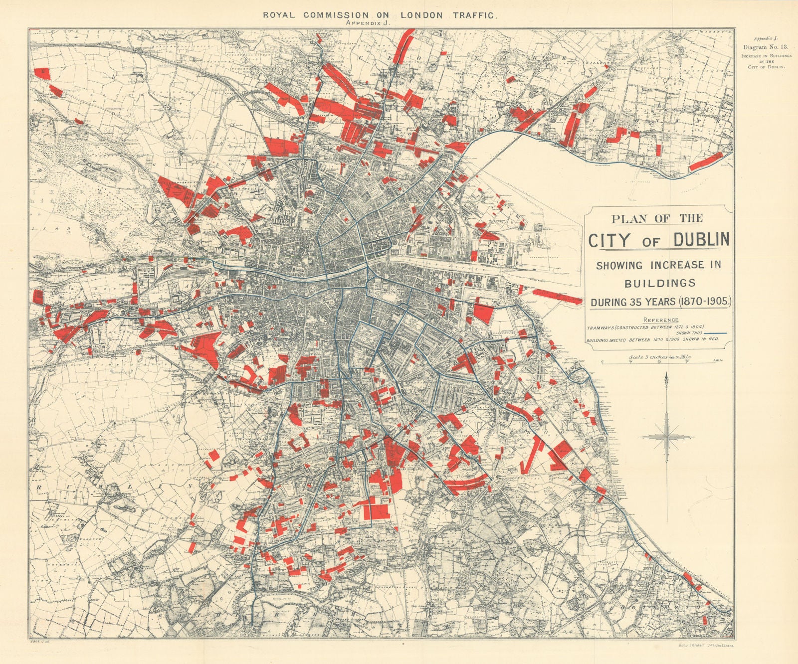 Dublin town/city plan showing 1870-1905 development & tramways 1906 old ...