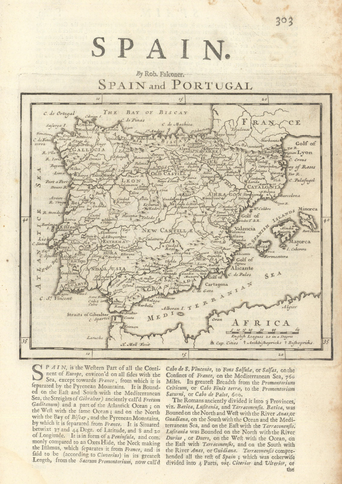 Spain and Portugal by Herman Moll. Iberia 1701 old antique map plan ...