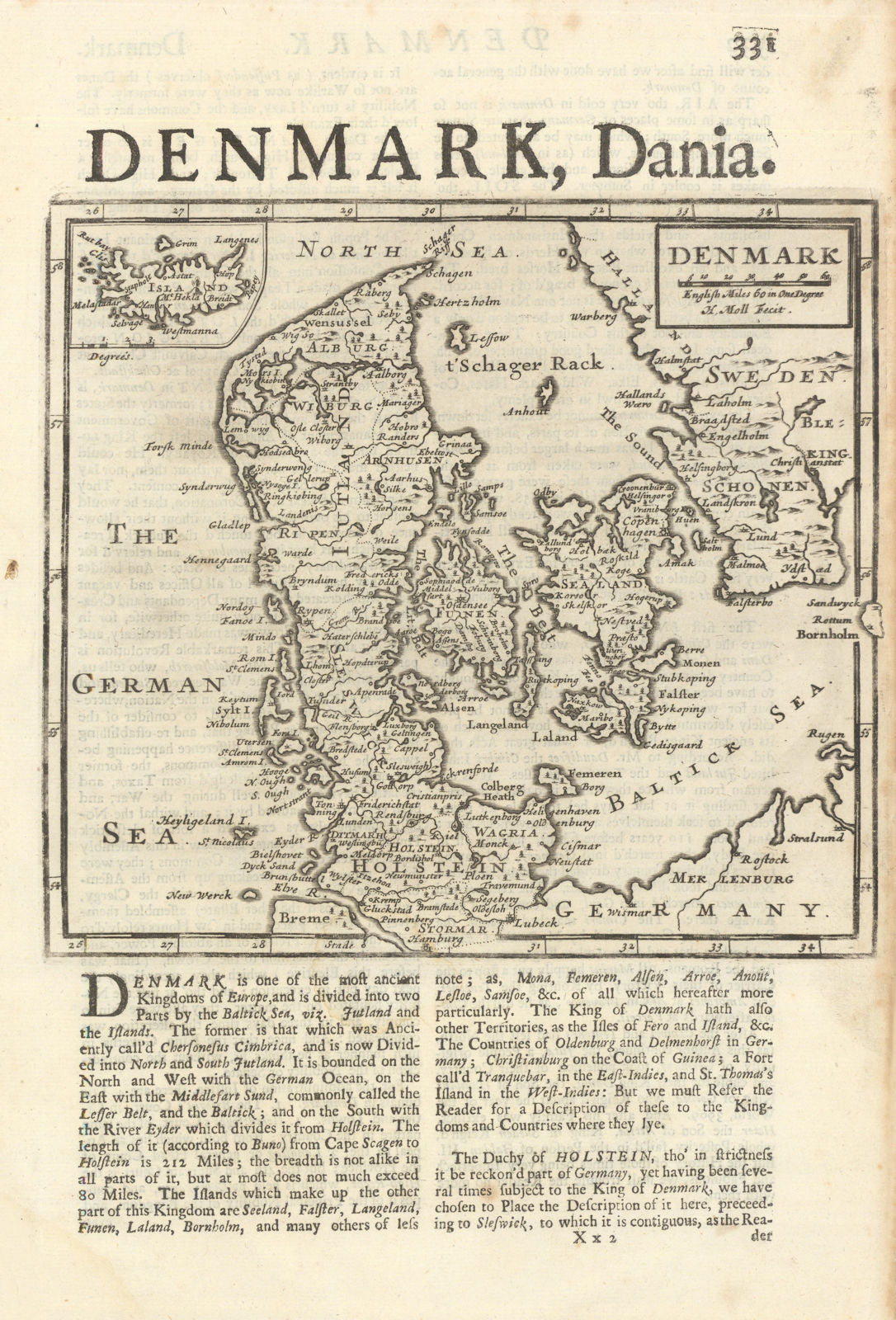 Denmark by Herman Moll. Southern Sweden & Iceland 1701 old antique map ...