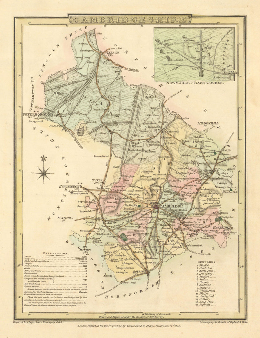 Antique Cambridgeshire county map & Newmarket Race Course plan. Cole ...