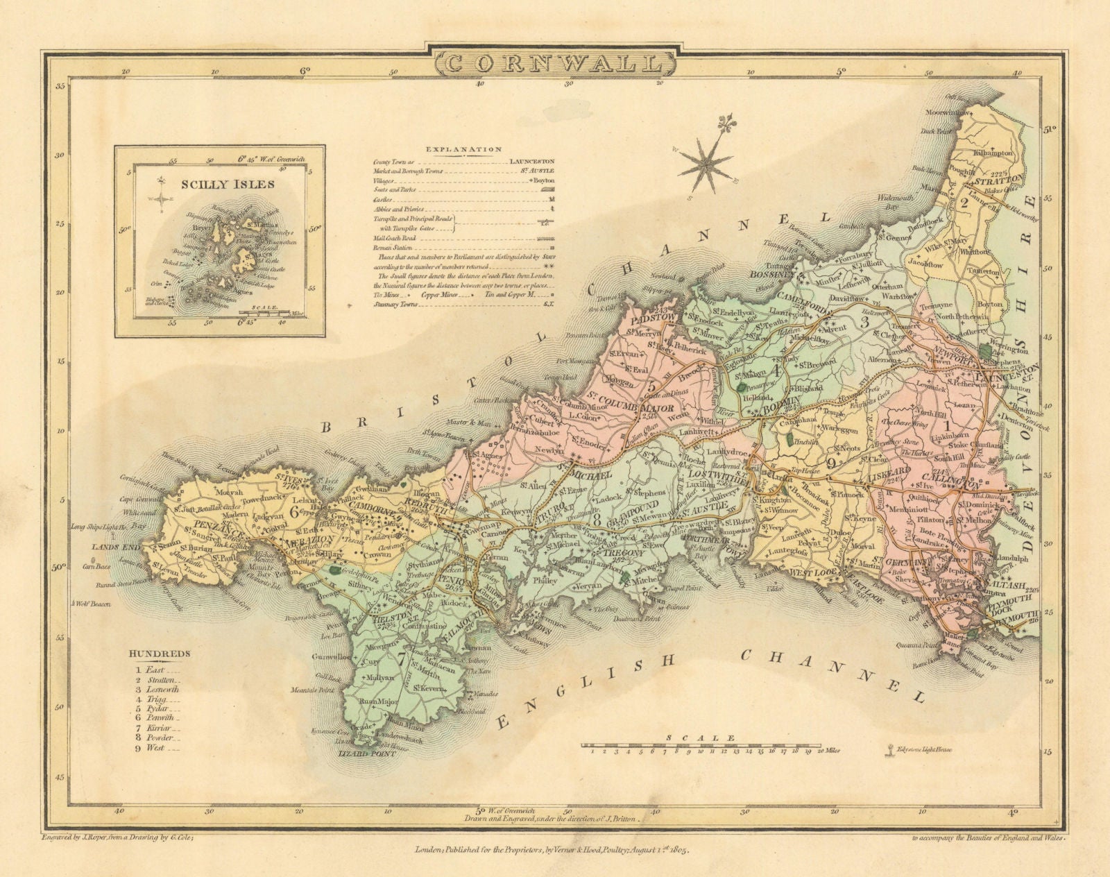 Antique hand-coloured Cornwall county map by George Cole & John Roper ...