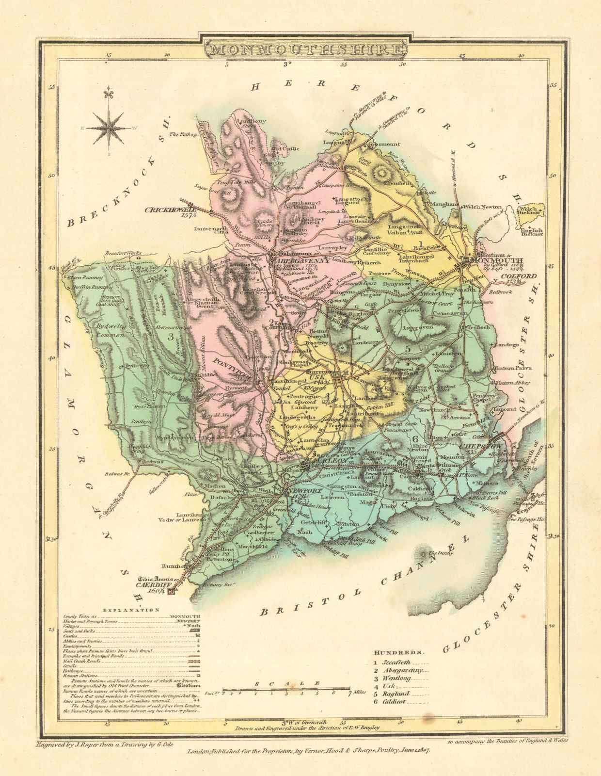 Antique hand-coloured Monmouthshire county map by George Cole & John ...