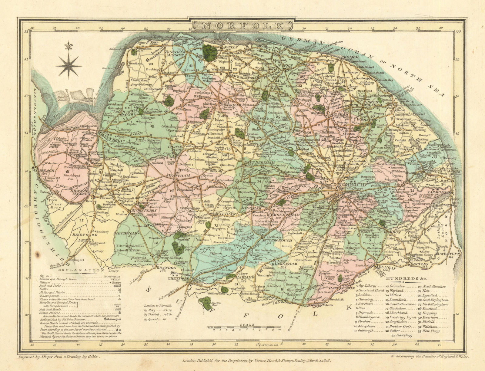 Antique hand-coloured Norfolk county map by George Cole & John Roper ...