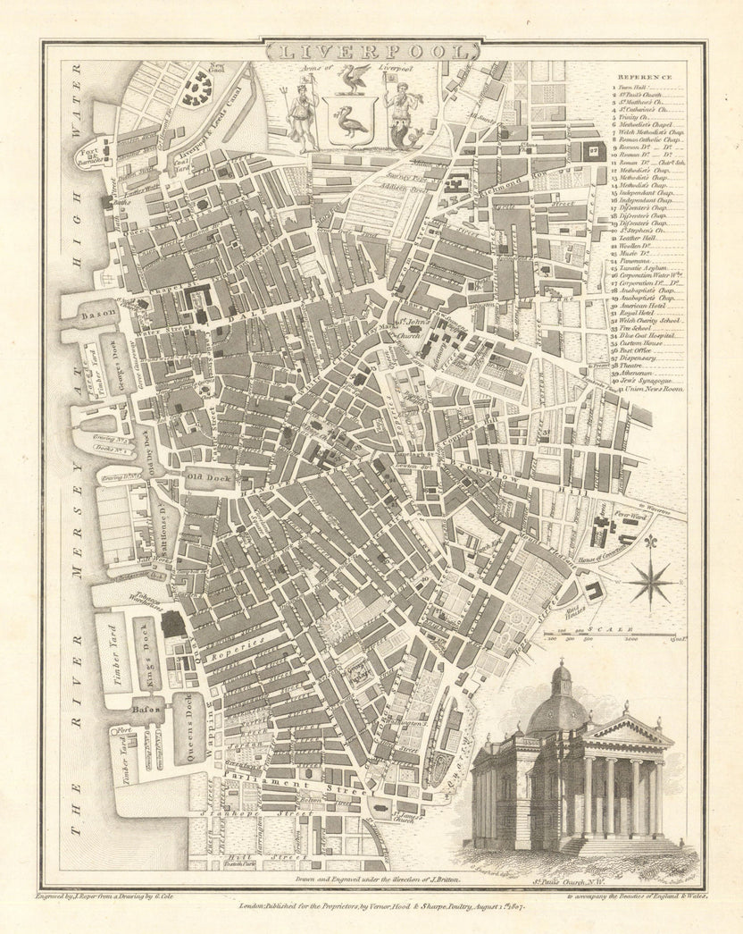 Antique engraved Liverpool town city plan by George Cole & John Roper ...