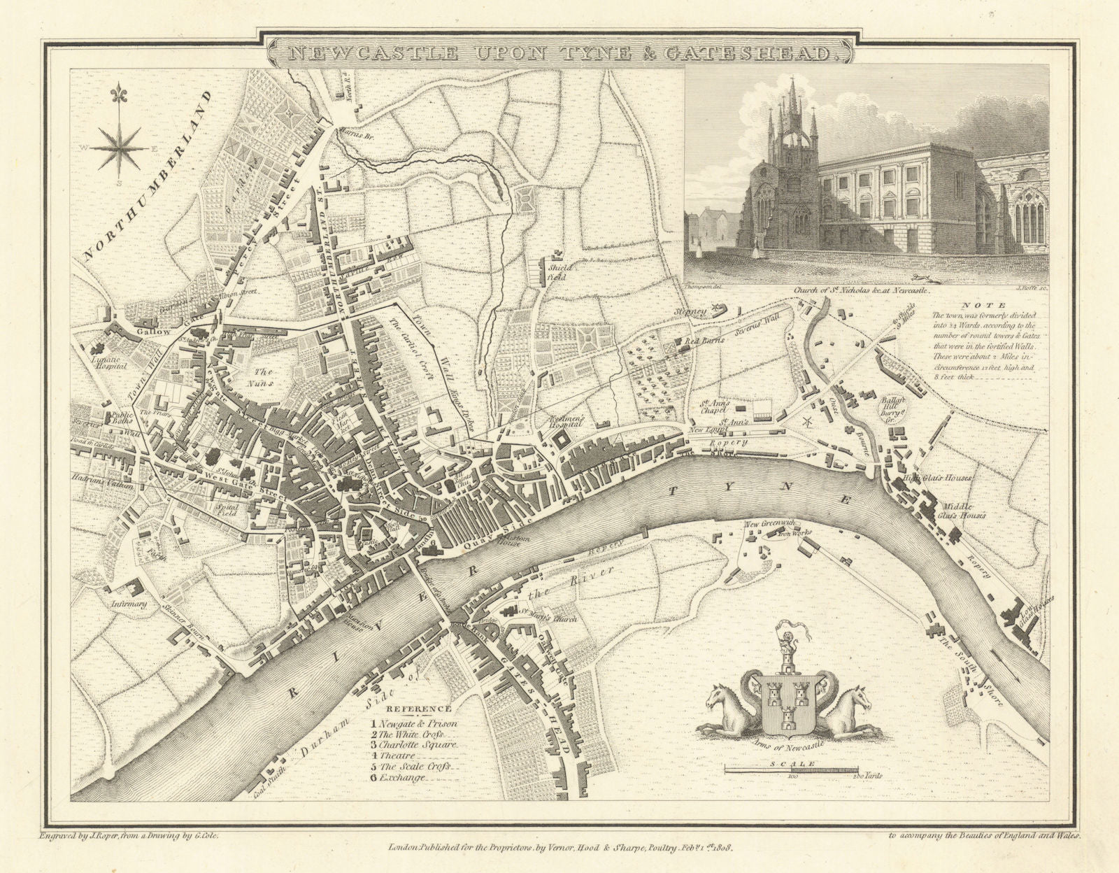 Antique town city plan of Newcastle upon Tyne & Gateshead by Cole/Roper ...