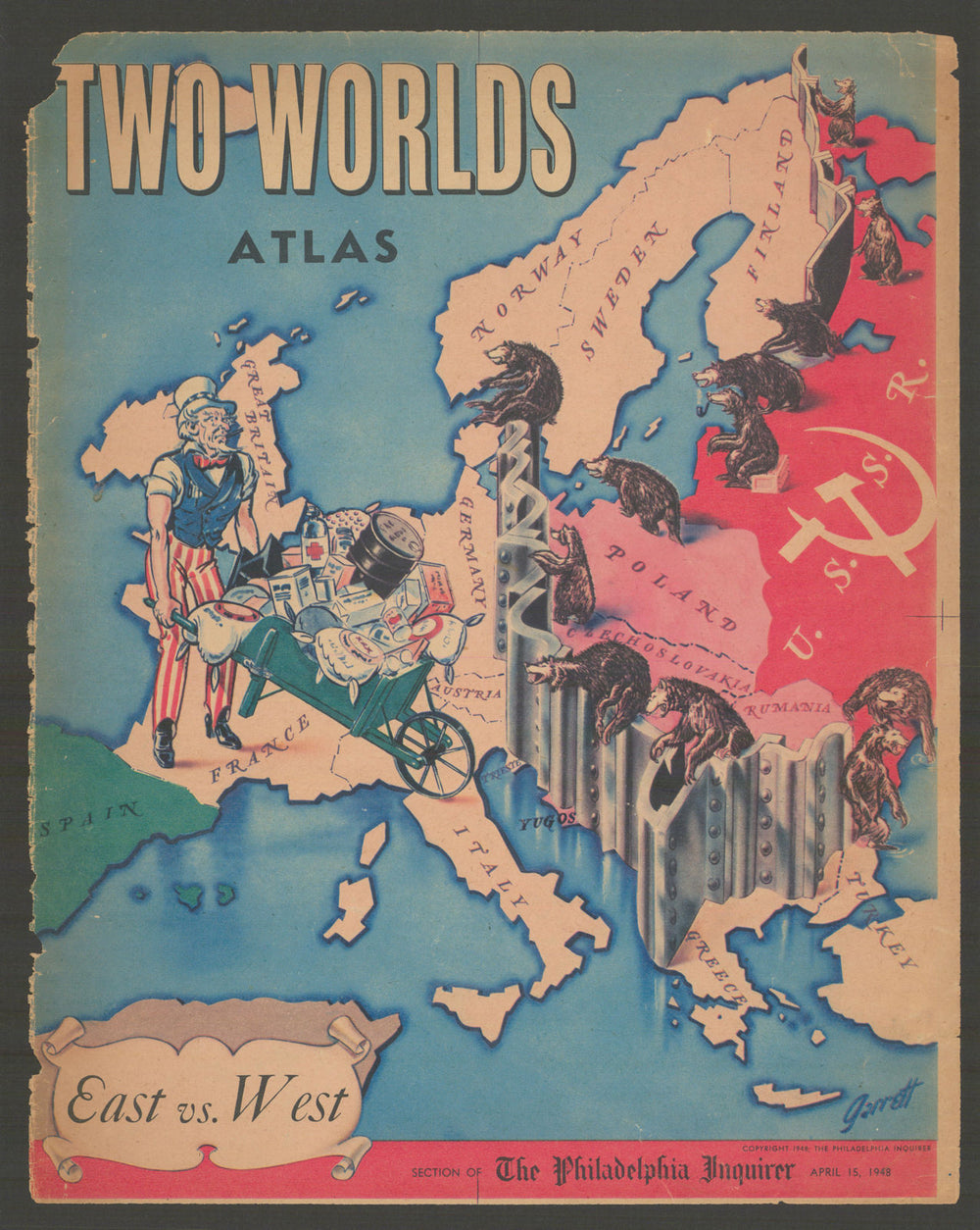 Two Worlds Atlas—East v West. Europe Cold War propaganda map. Garrett ...