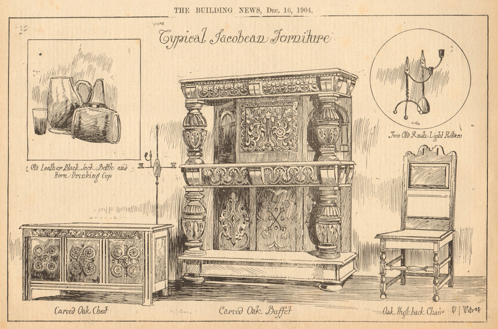 Jacobean furniture. Carved oak chest buffet highback chair horn cup ...