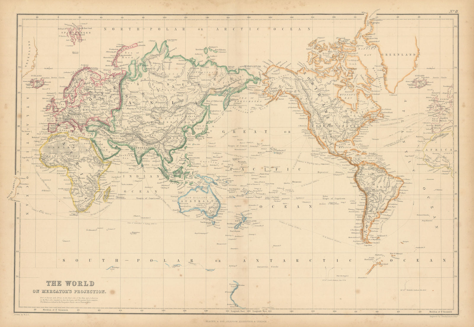 The World on Mercator's Projection by John Bartholomew 1859 old antique ...