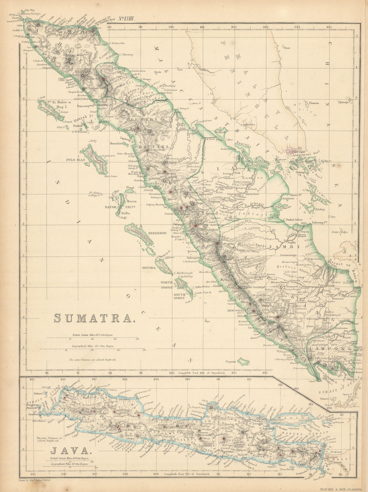 Sumatra & Java showing volcanoes by Edward Weller. Indonesia 1859 old ...