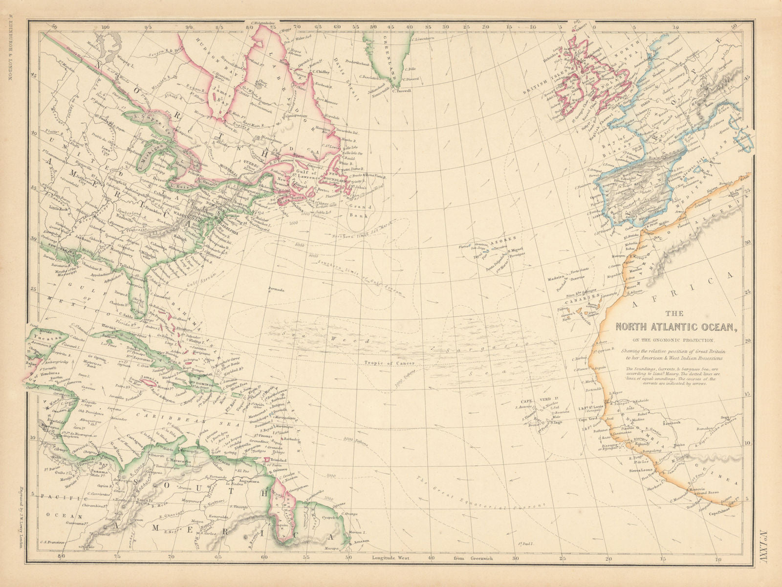 North Atlantic Ocean showing Gulf Stream, currents & Sargasso Sea LOWRY ...