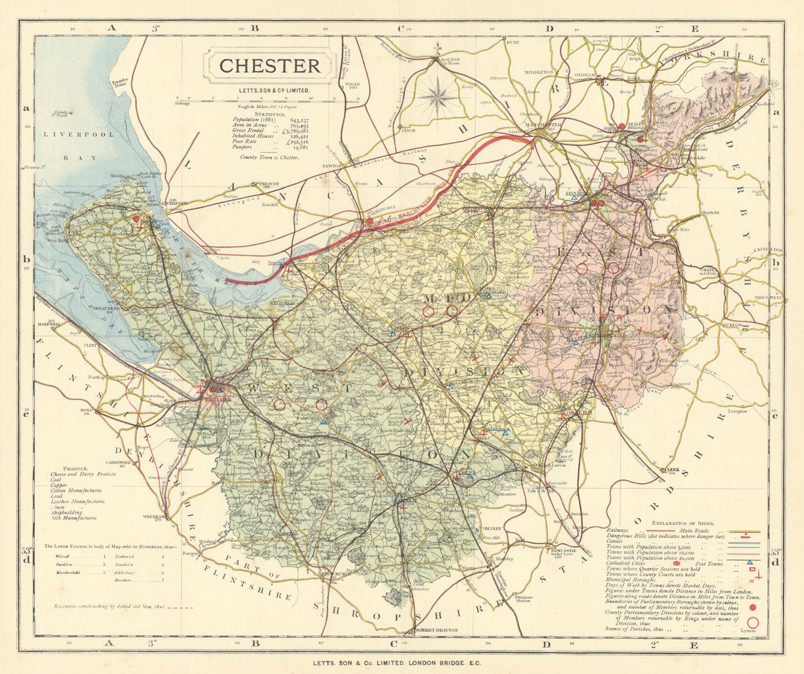 Cheshire county map showing Post Towns & Market Days. LETTS 1884 old ...